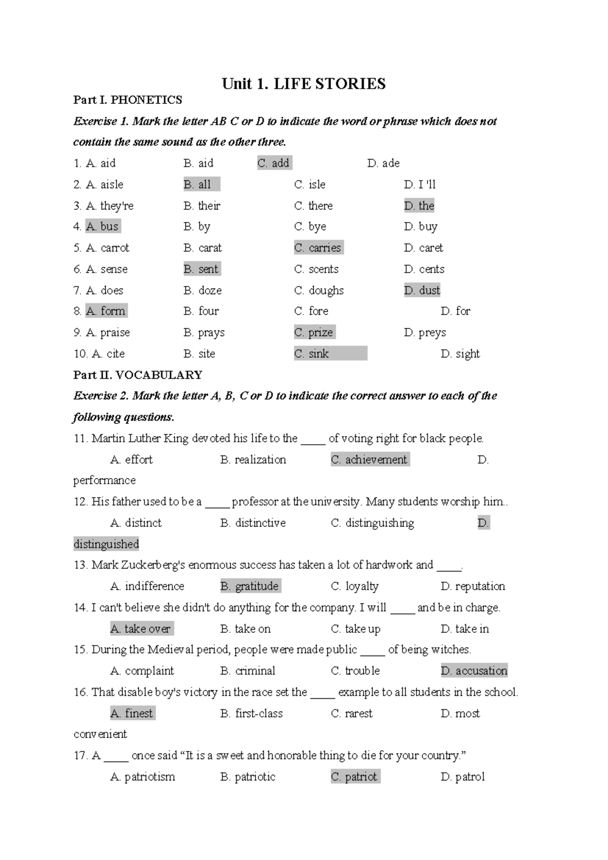 Unit 1 - unit 1 - Unit 1. LIFE STORIES Part I. PHONETICS Exercise 1 ...