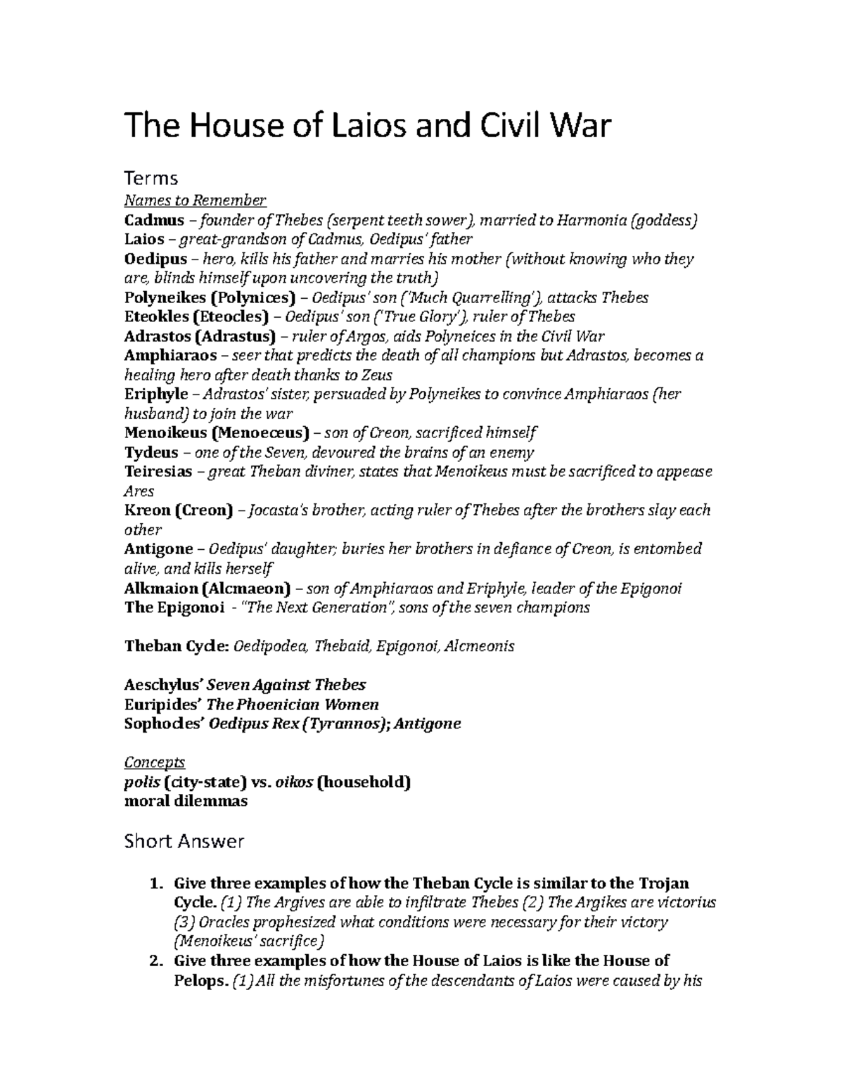Thebes and ‘Civil War’ Worksheet - The House of Laios and Civil War ...