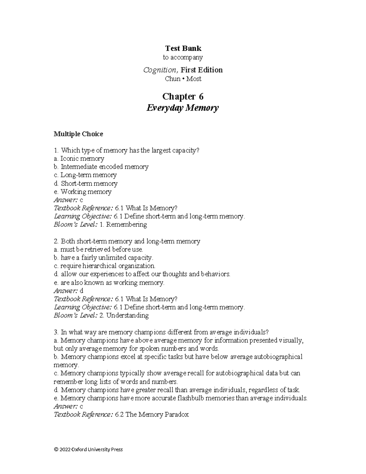 Cognition Test Bank Chapter 6 - Test Bank to accompany Cognition, First ...