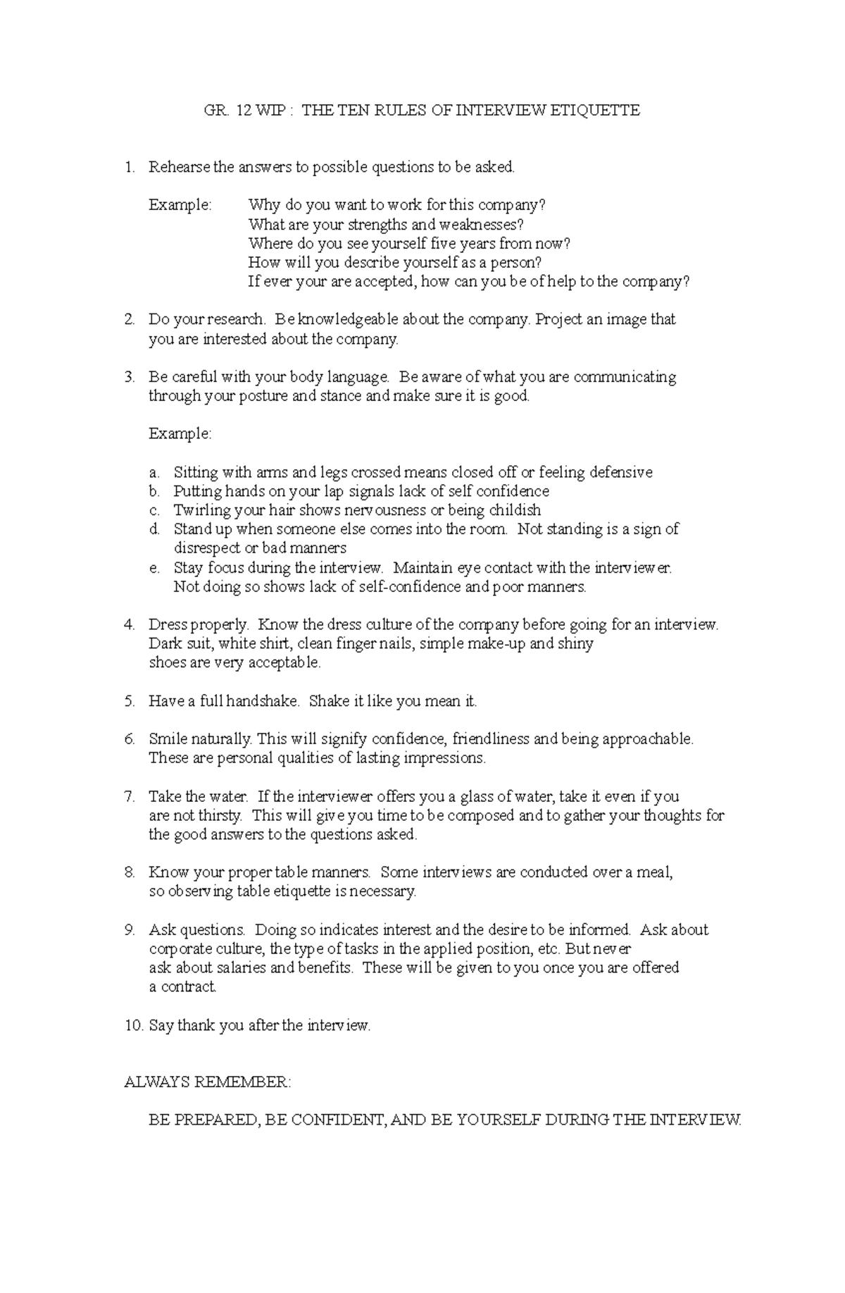 THE TEN Rules OF Interview Etiquette - GR. 12 WIP : THE TEN RULES OF ...