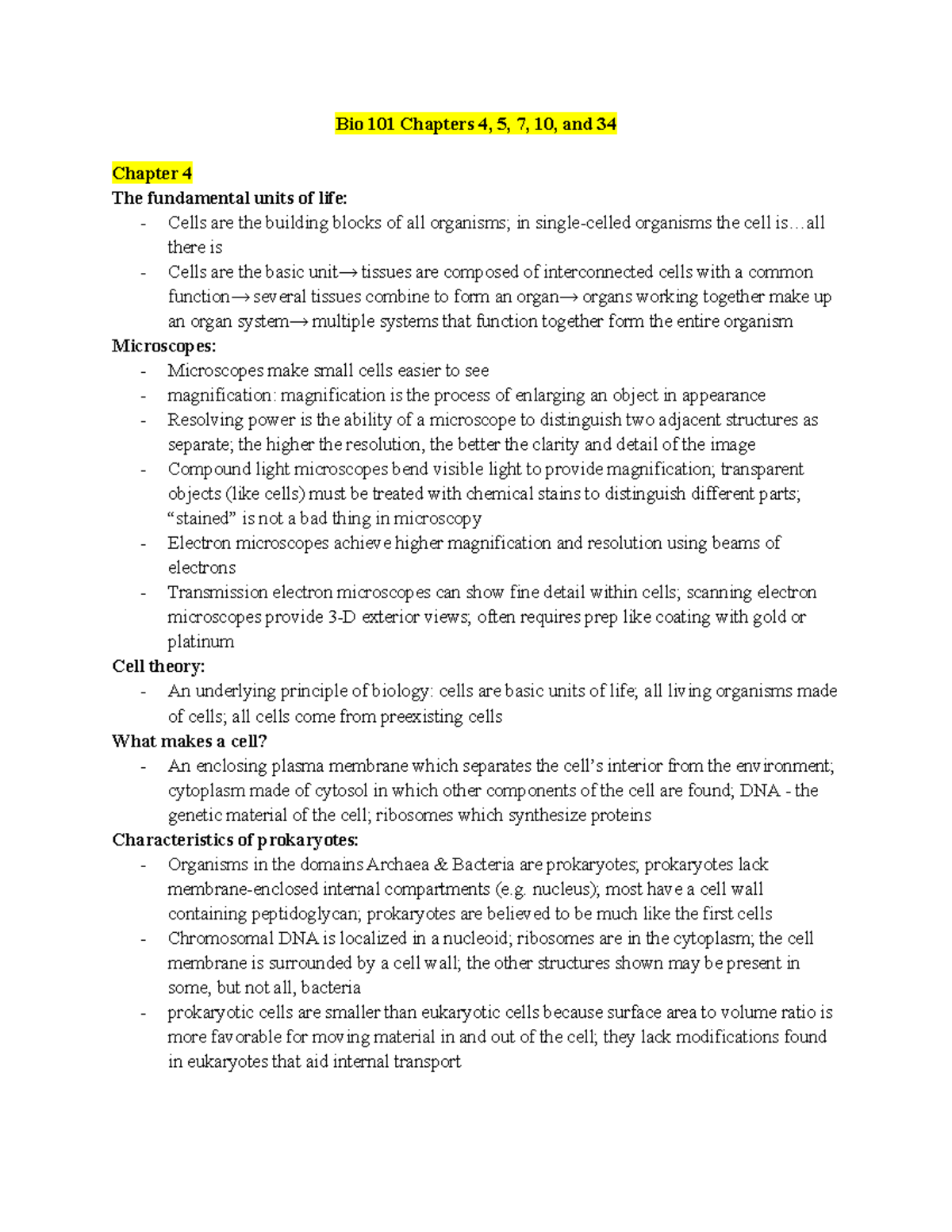 Bio 101 Chapter 34, 4, 5, 7, and 10 notes - Bio 101 Chapters 4, 5, 7 ...