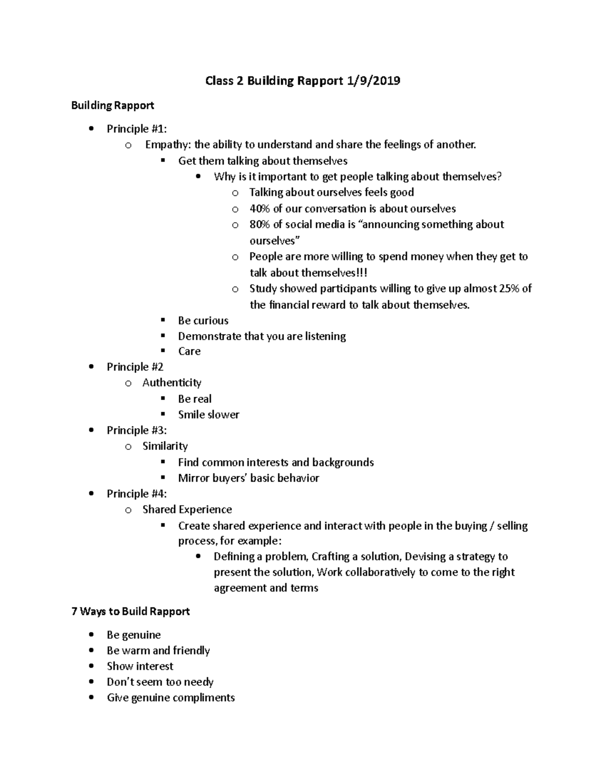 Class 2 Lecture Notes - Class 2 Building Rapport 1/9/2019 Building ...