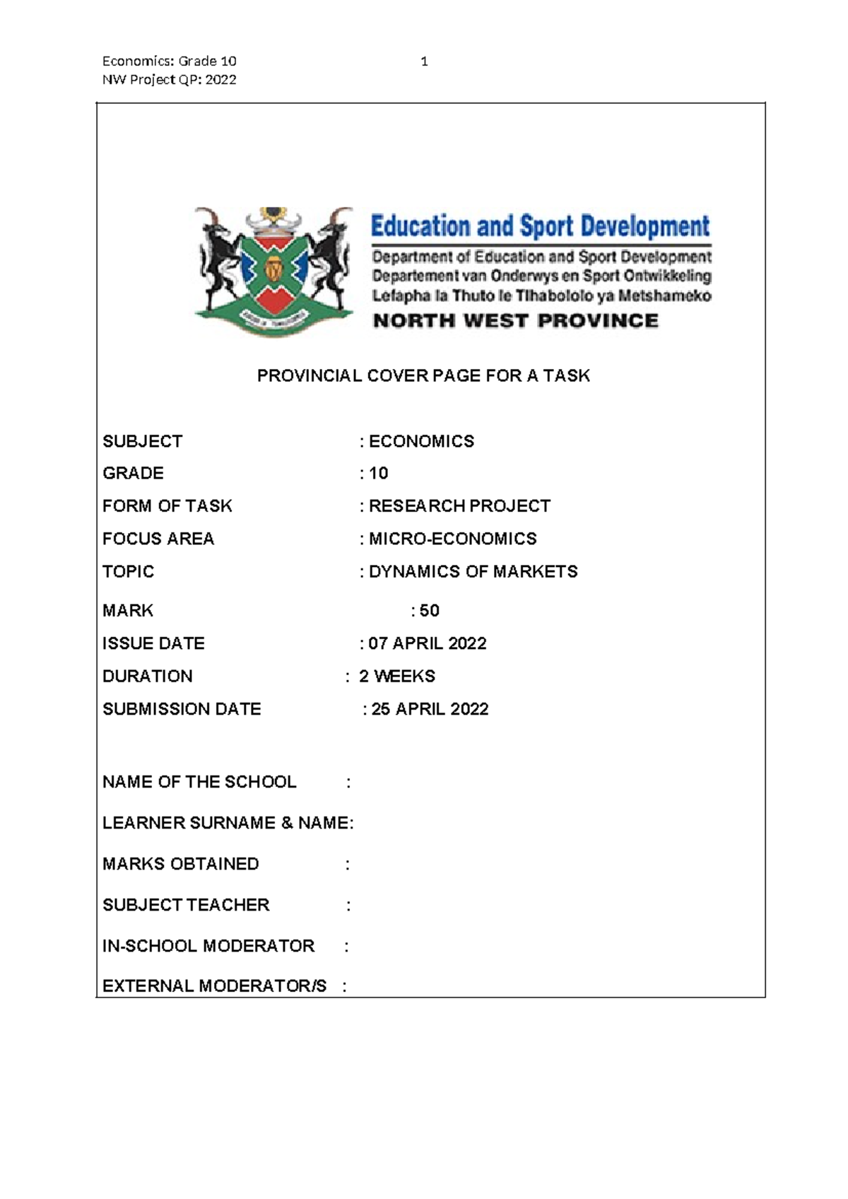 Grade 10 Project 2022-1 - Economics: Grade 10 1 NW Project QP: 2022 ...