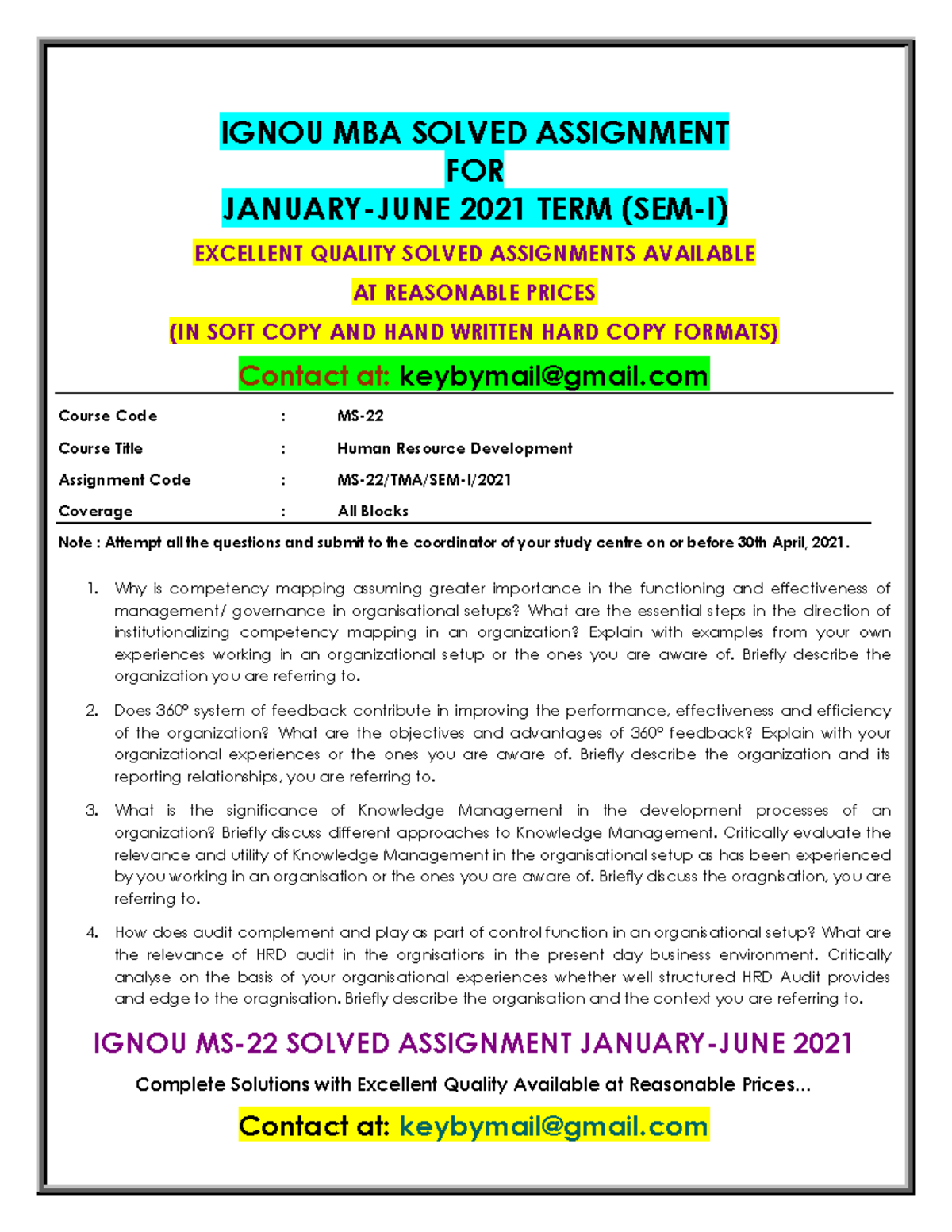 MS-22 (JAN-JUNE 2021) - IGNOU MS-22 SOLVED ASSIGNMENT JANUARY-JUNE 2021 TERM (SEM-I) - IGNOU MBA ...