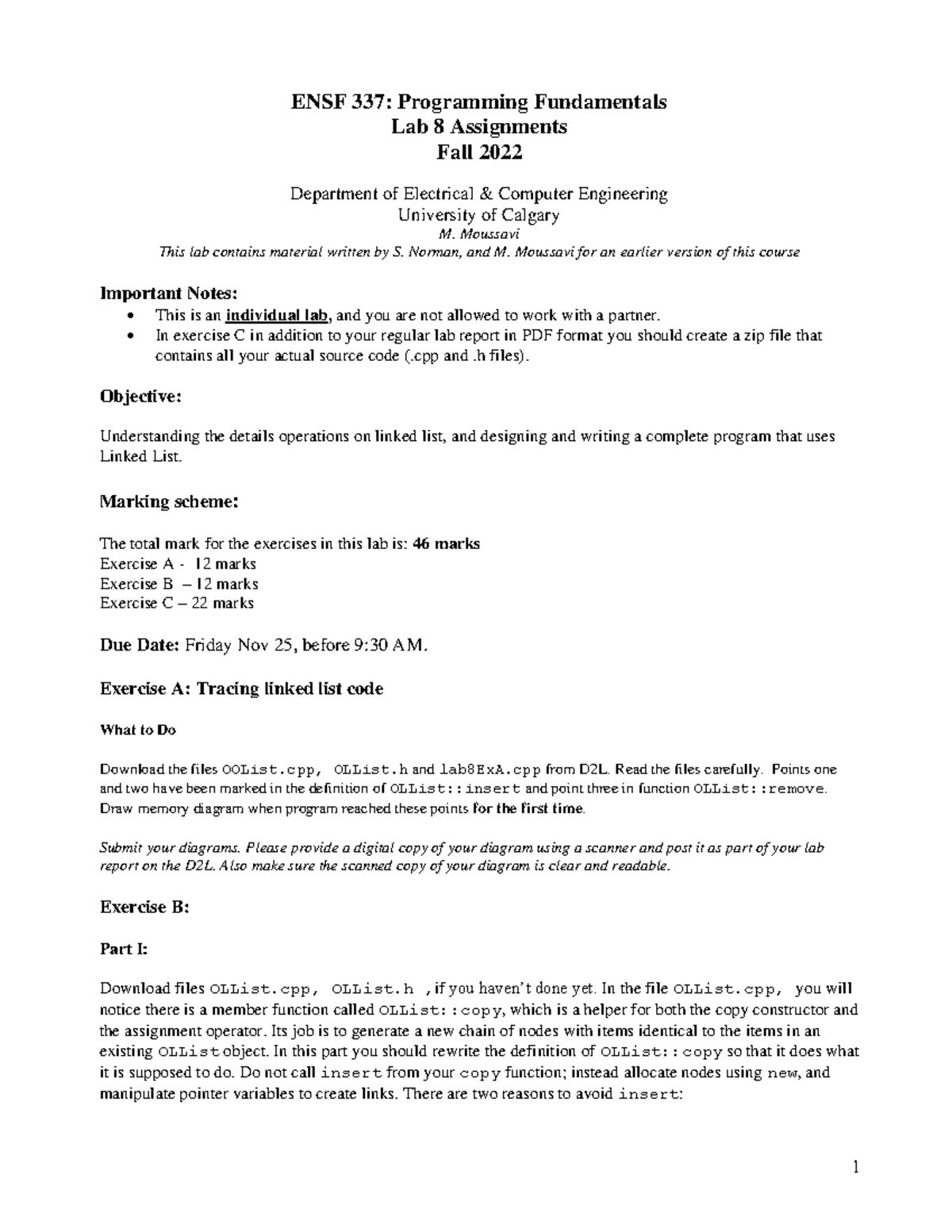 ENSF 337-lab8 - Fall 2022 - ENSF 337: Programming Fundamentals Lab 8 Assignments Fall 2022 - Studocu
