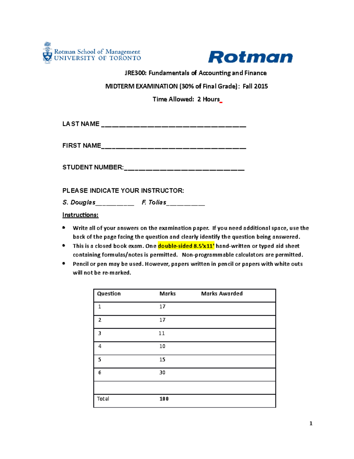 Midterm 2015, questions and answers - JRE300: Fundamentals of Accounting and Finance MIDTERM ...