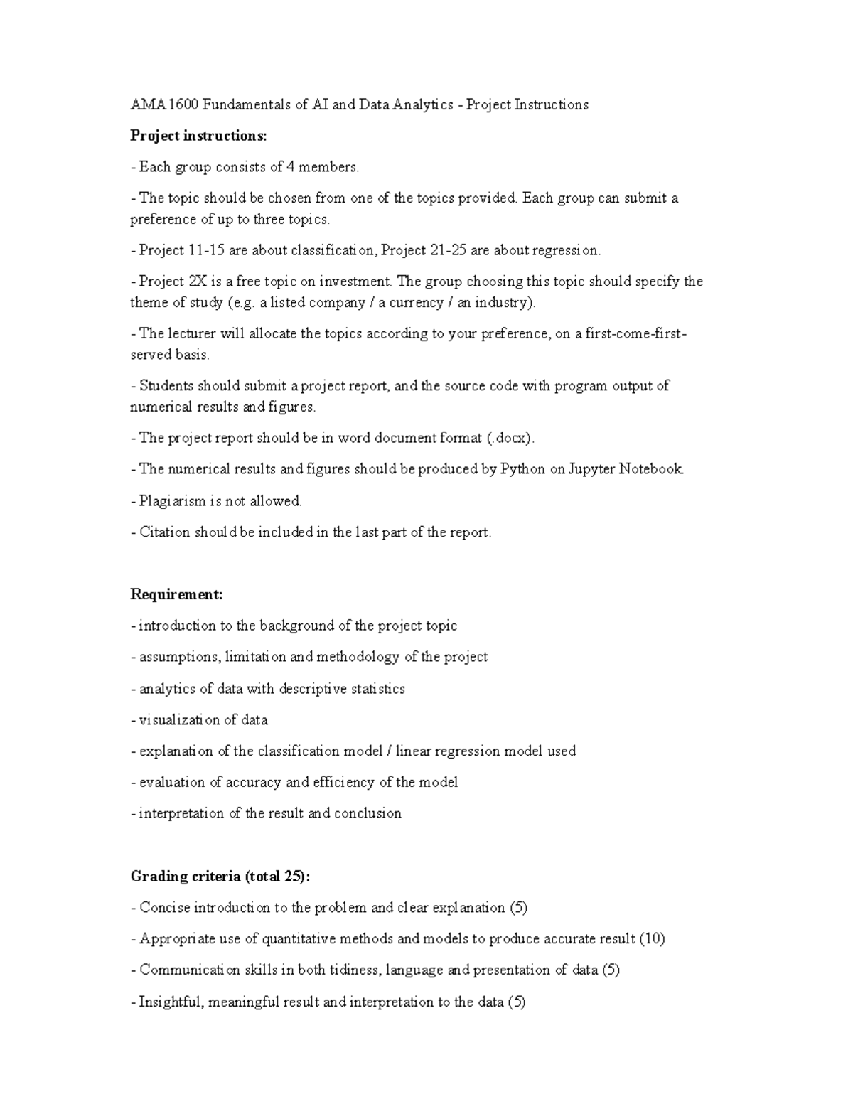 Ama1600 project instructions(2) - AMA1600 Fundamentals of AI and Data Analytics - Project - Studocu