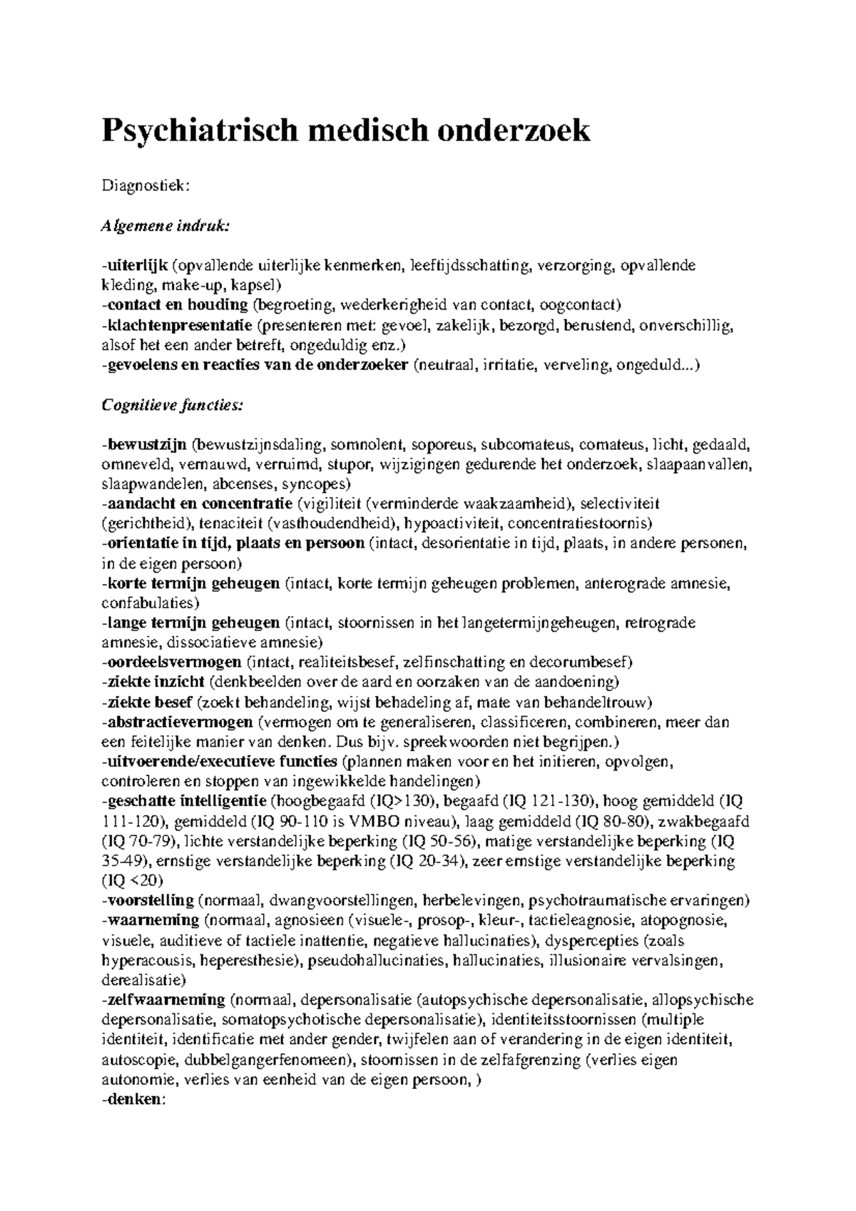 Samenvatting Leerstage psychiatrie en neurologie - Psychiatrisch medisch onderzoek Diagnostiek ...