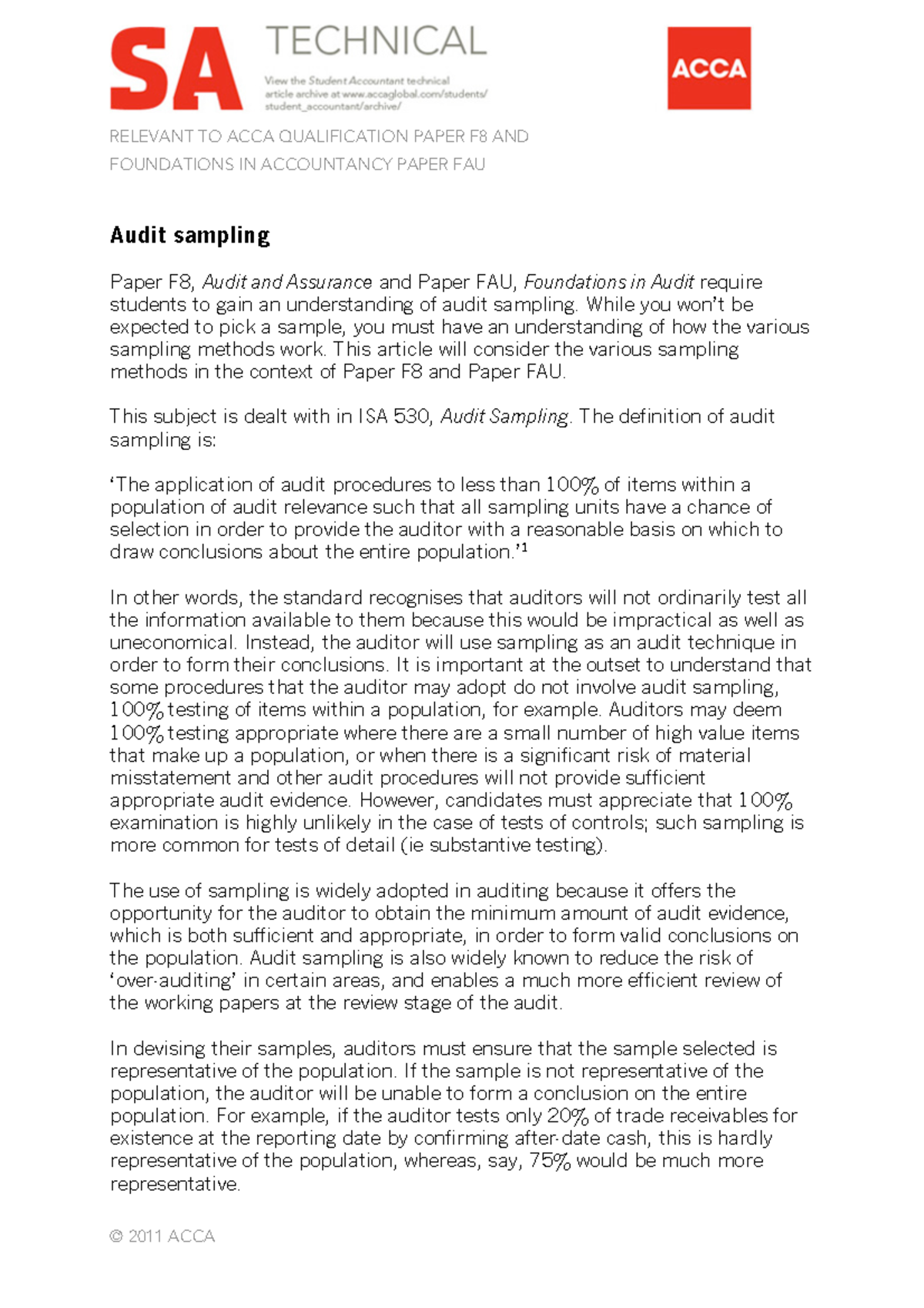 SA Aug11 auditsampling F8v2 - RELEVANT TO ACCA QUALIFICATION PAPER F8 ...