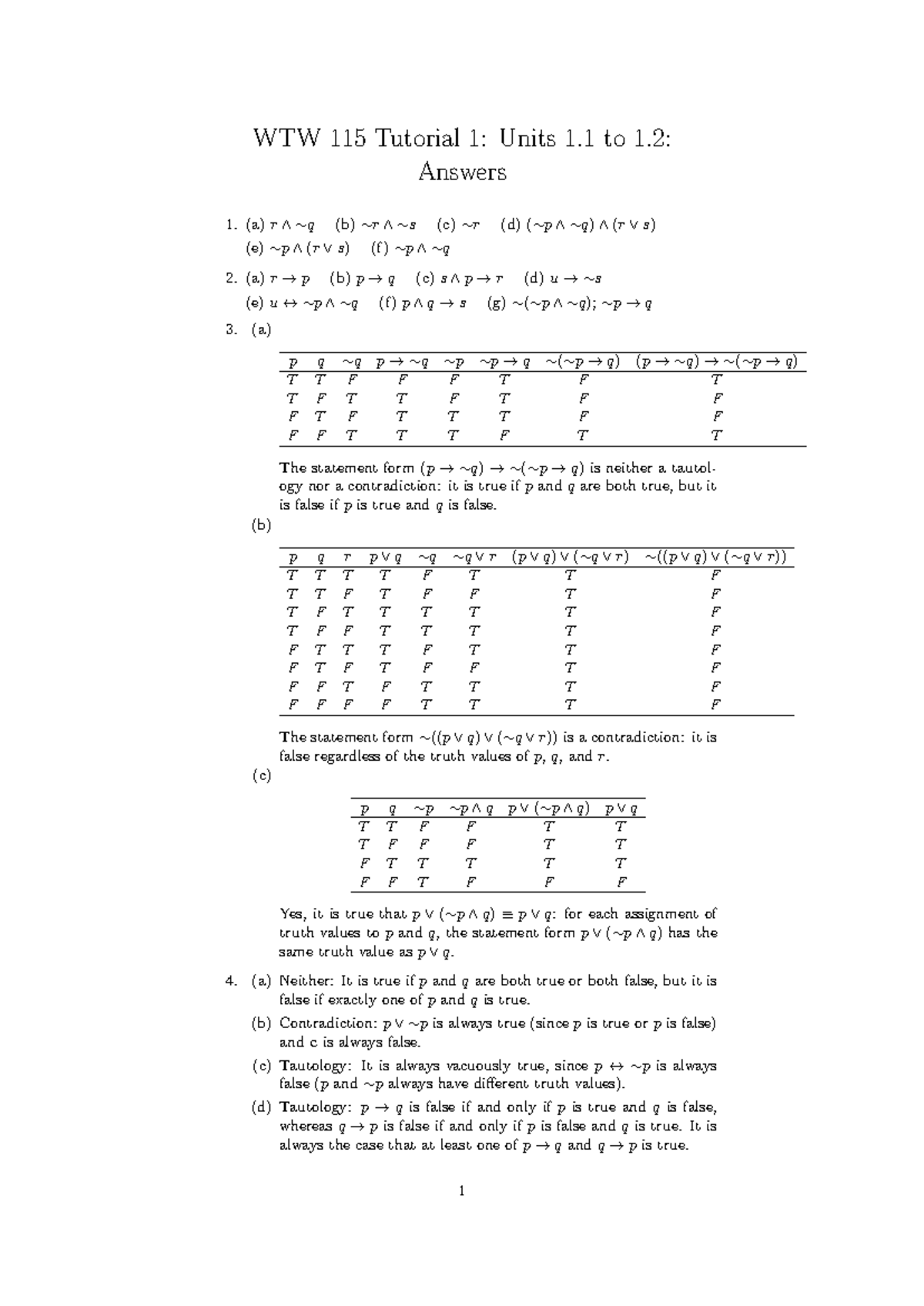Tutorial 01Answers - WTW 115 Tutorial 1: Units 1 to 1: Answers (a) r ∧ ...