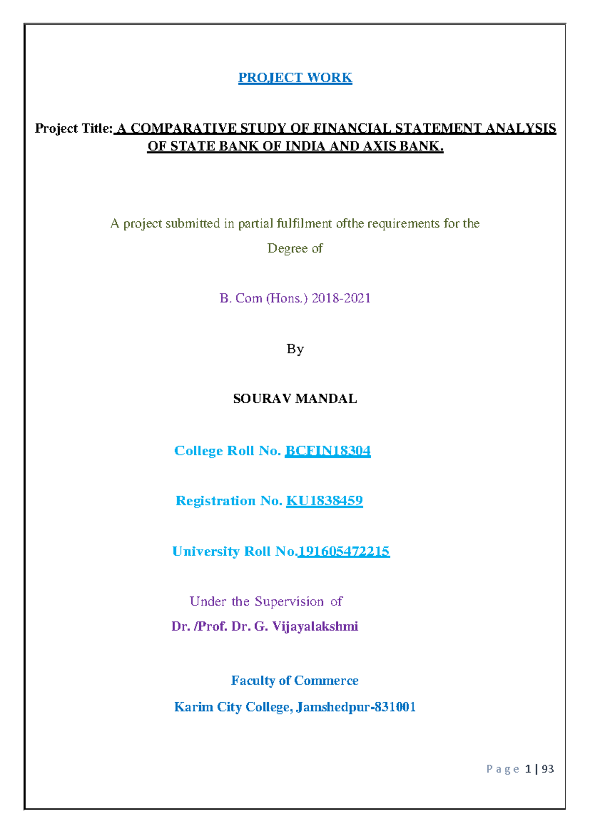 Project WORK new 191605472215 - PROJECT WORK Project Title: A ...