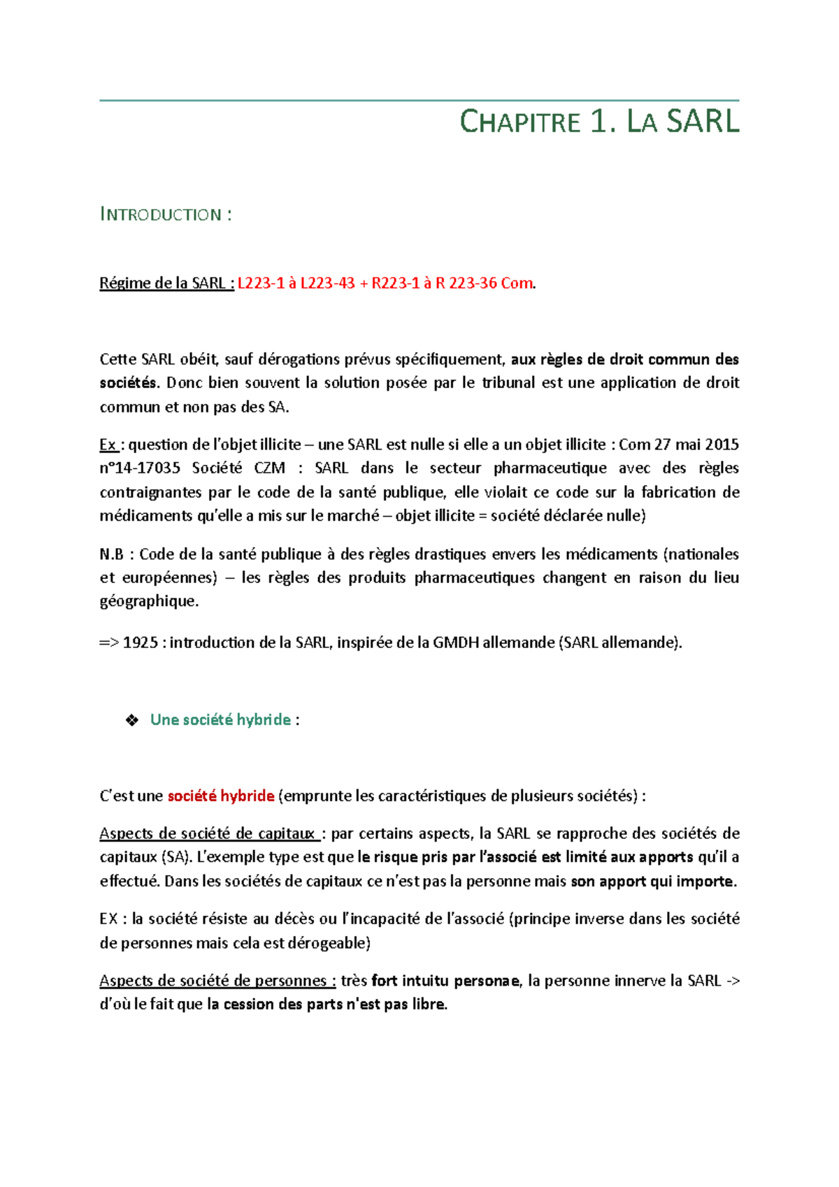 Chapitre 1 SARL - C HAPITRE 1. L A SARL I NTRODUCTION : Régime de la ...