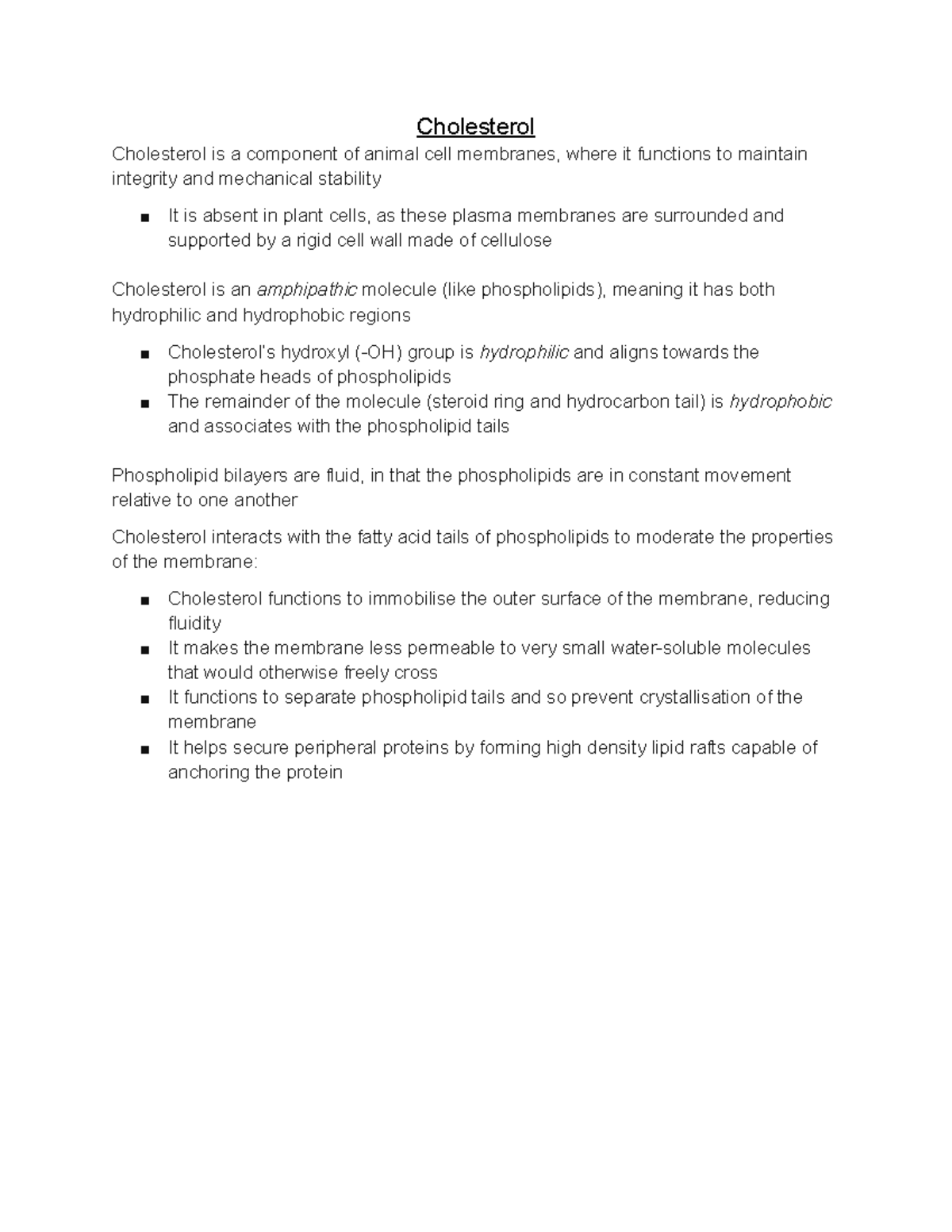 Cell Biology: Membrane Structure - Cholesterol - Cholesterol ...