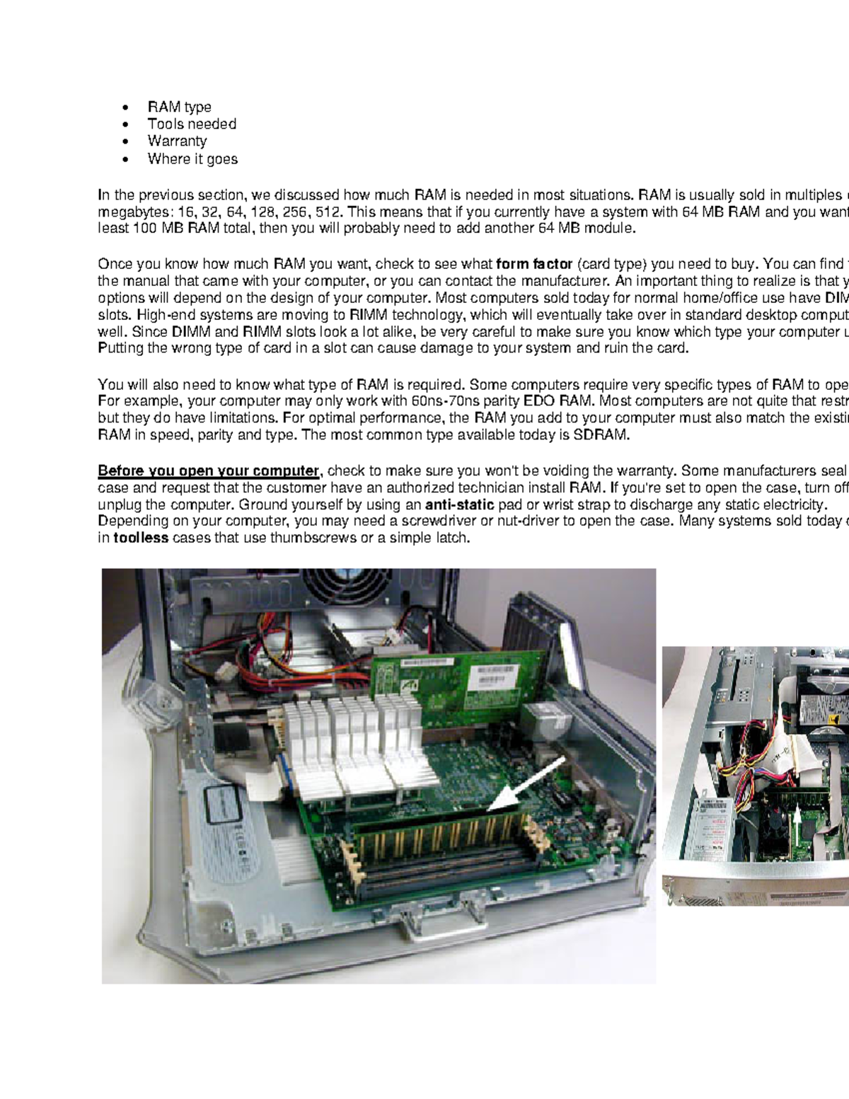 How RAM Works-7 - details on RAM - RAM type Tools needed Warranty Where ...