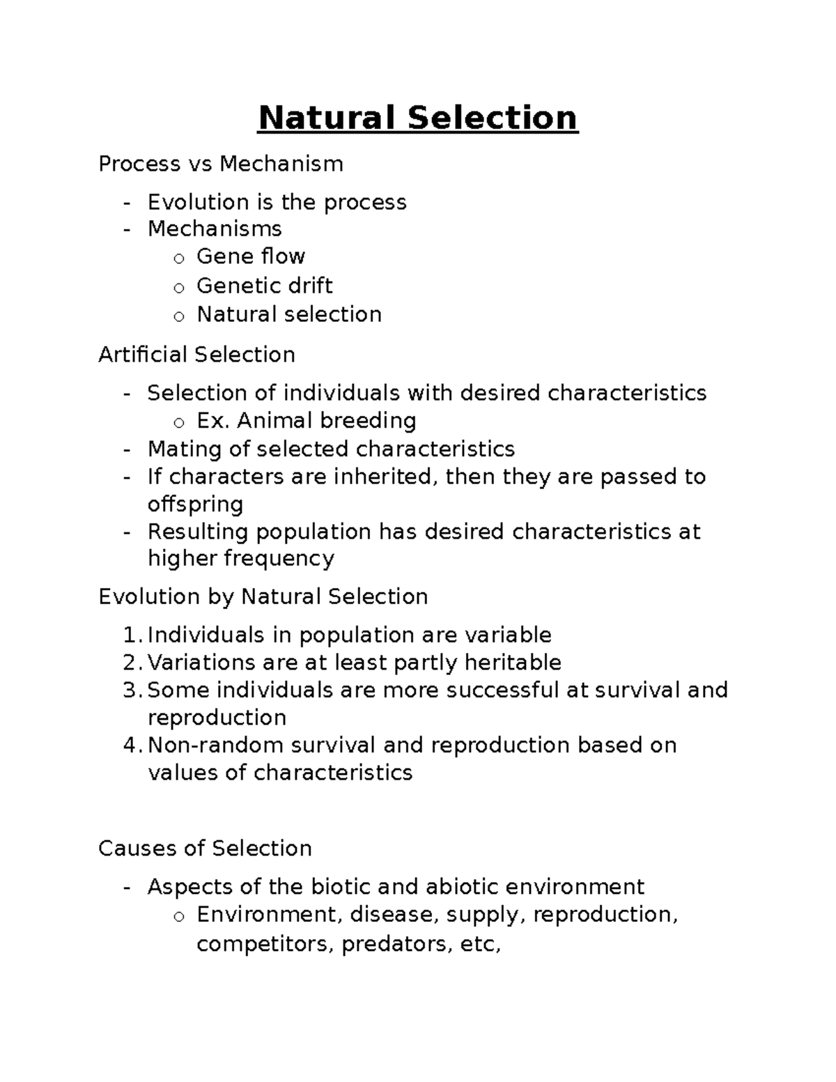 3 Natural Selection - Lecture notes 3 - Natural Selection Process vs ...