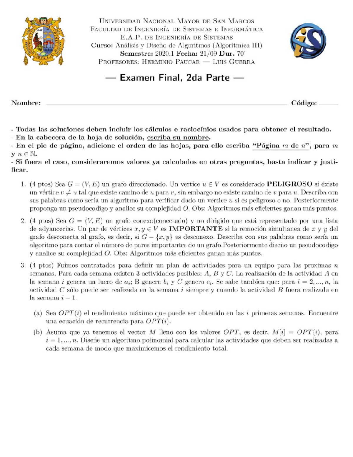 EF ADA 2020 1 - EF ADA 2020 1 apuntes unmsm - Diseño y Analisis de ...