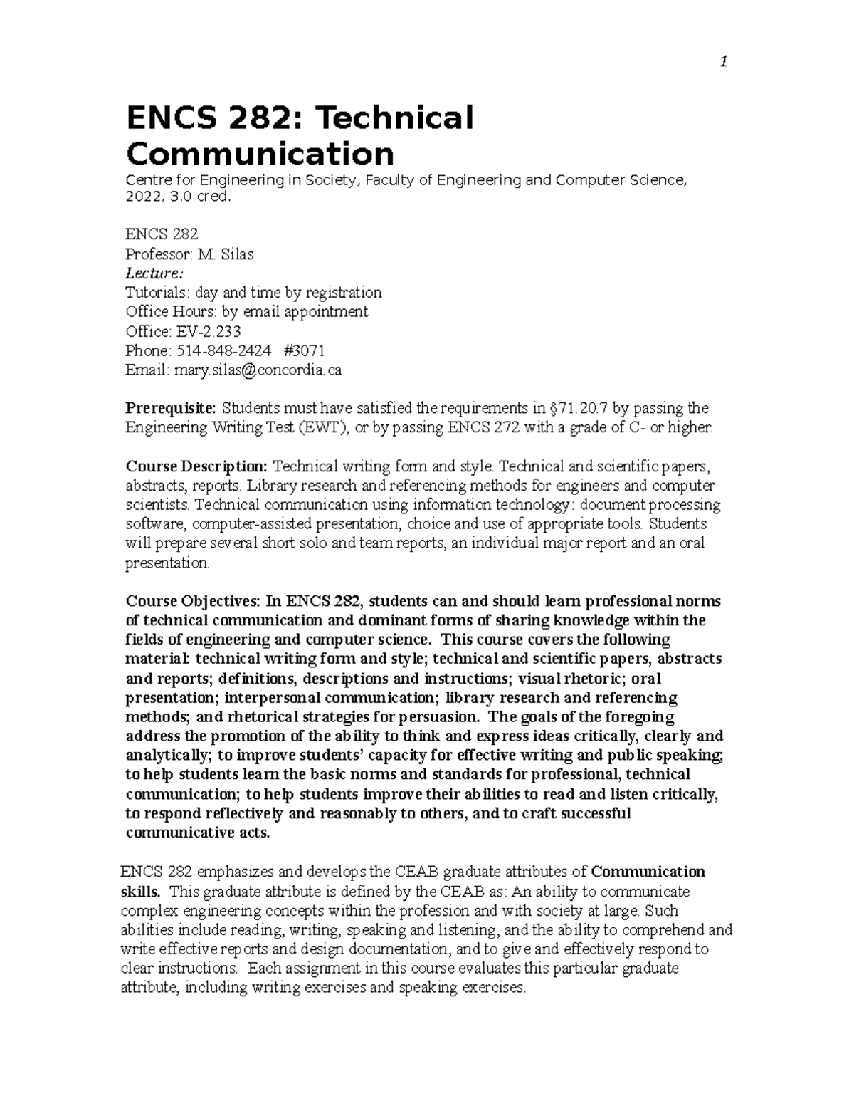 2022 summer 282 course description - ENCS 282: Technical Communication Centre for Engineering in ...