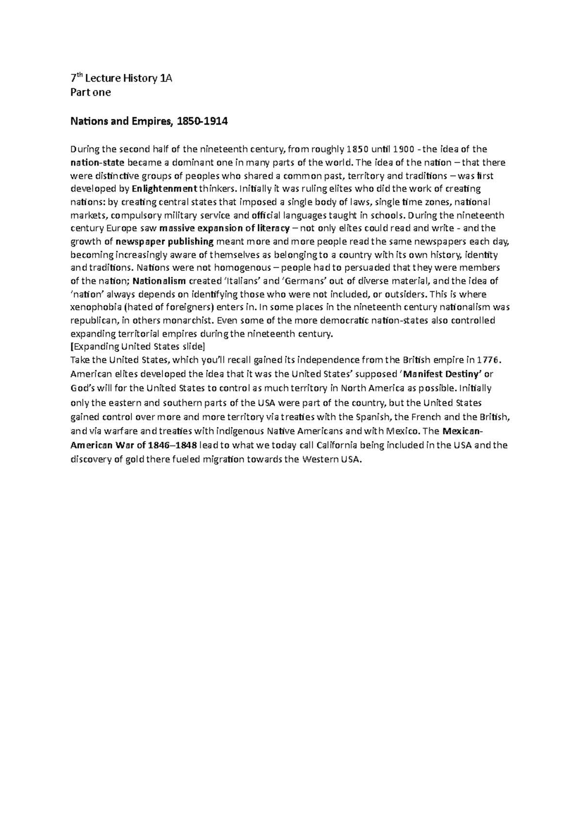 7th Lecture History 1A - 7 th Lecture History 1A Part one Nations and ...