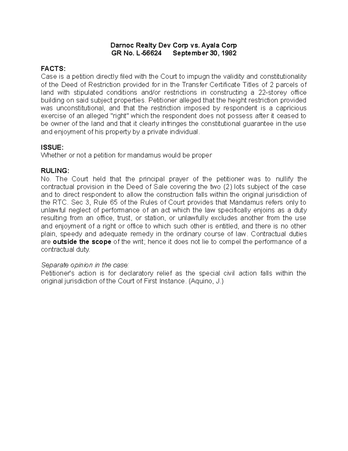 Darnoc Realty vs Ayala Corp - Darnoc Realty Dev Corp vs. Ayala Corp GR ...