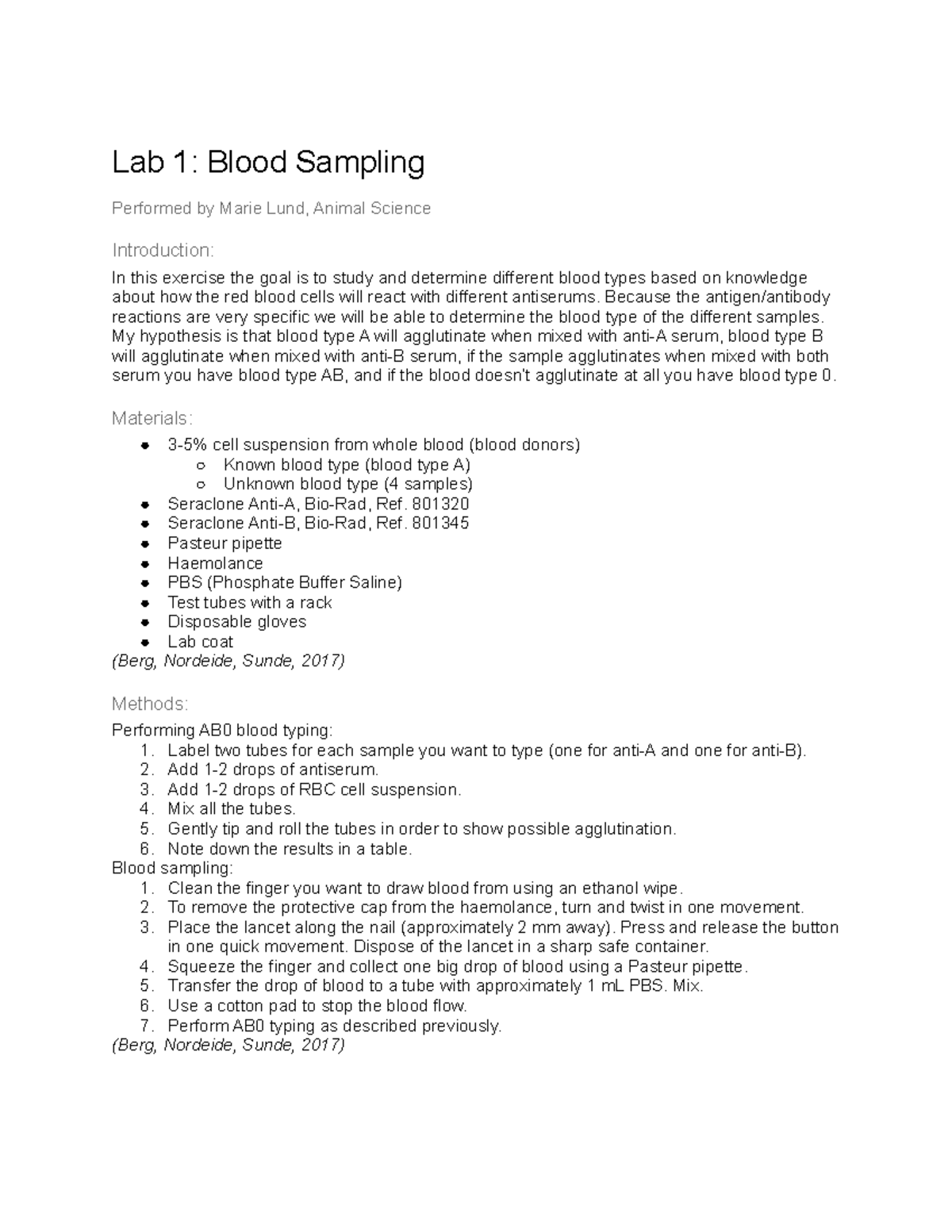 Lab Report Blood Sampling 16 - Lab 1: Blood Sampling Performed by Marie ...