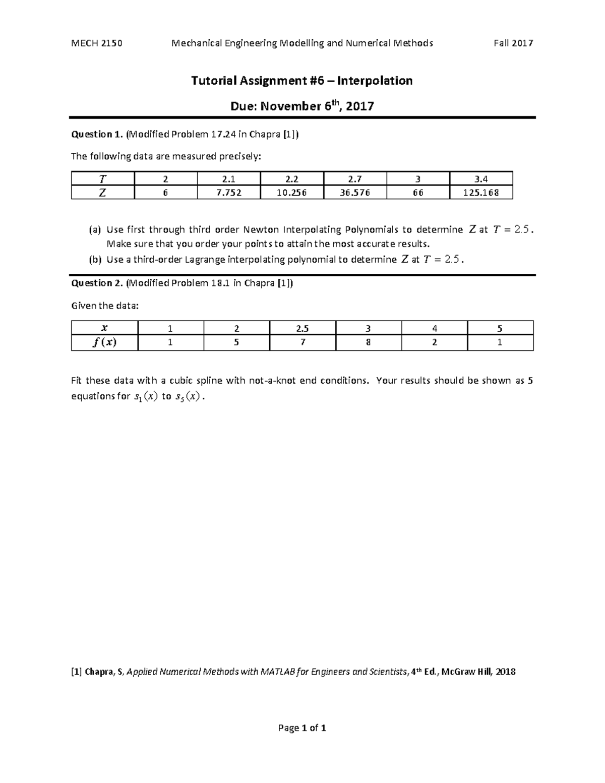 Tutorial Assignment 6 - MECH 2150 Mechanical Engineering Modelling and Numerical Methods - Studocu