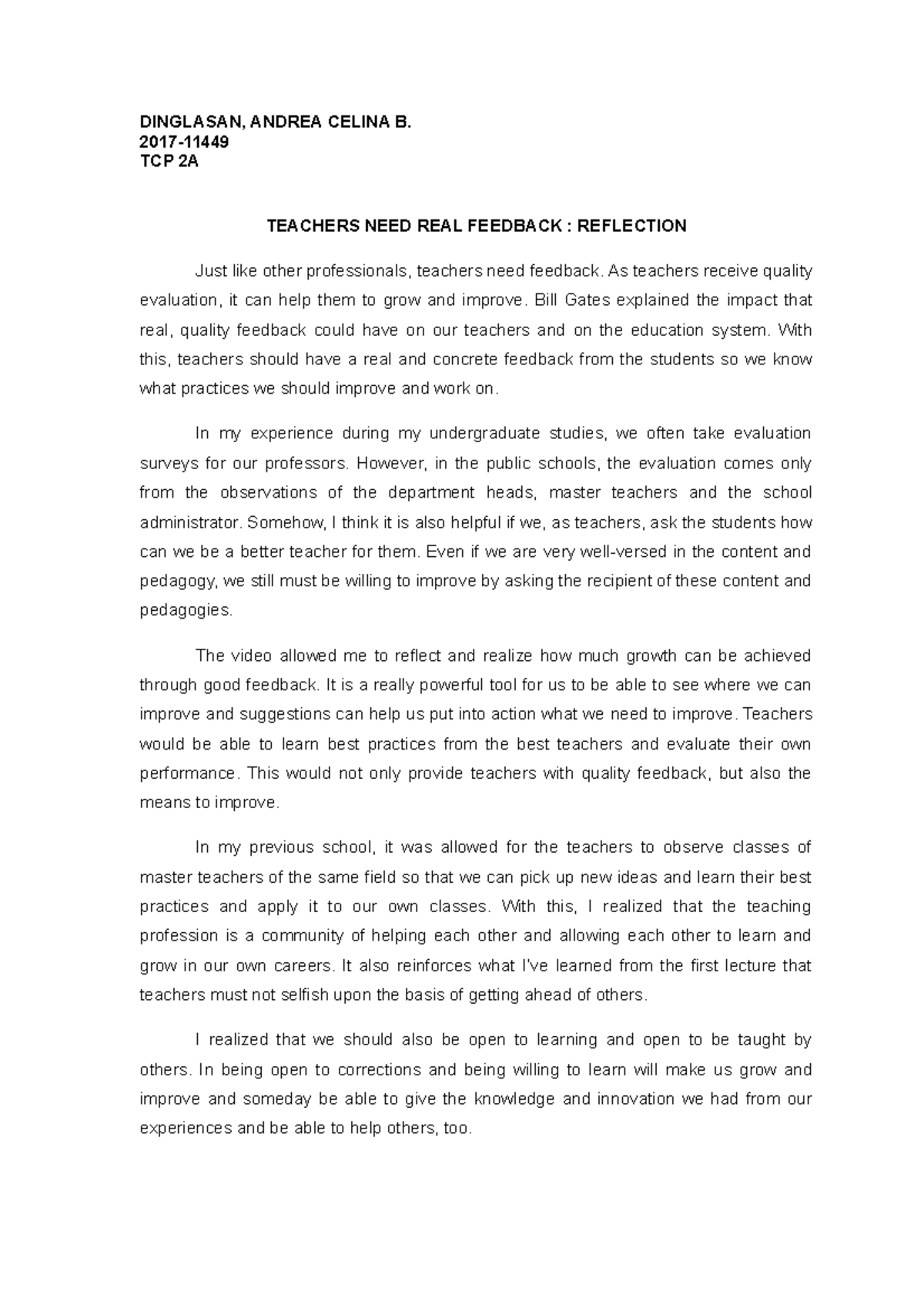 3. Reflection on Teachers NEED REAL Feedback - DINGLASAN, ANDREA CELINA ...