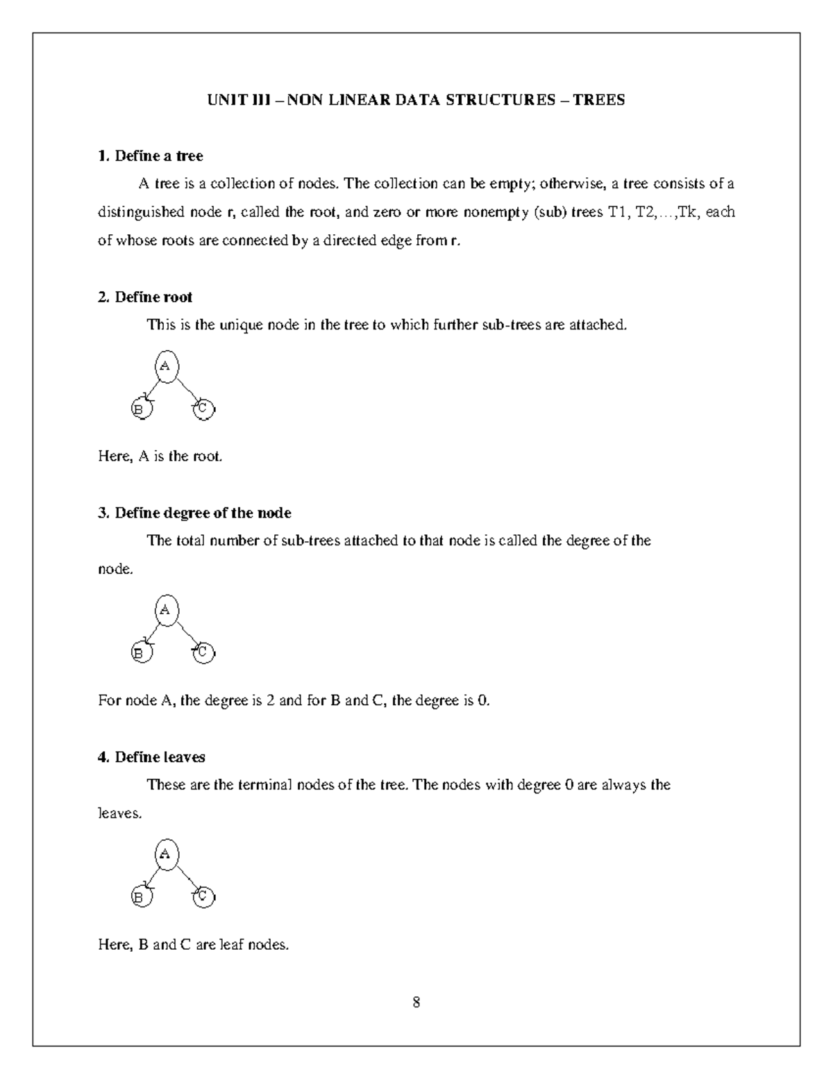 Tress Notes Unit Iii Non Linear Data Structures Trees 1 Define A Tree A Tree Is A