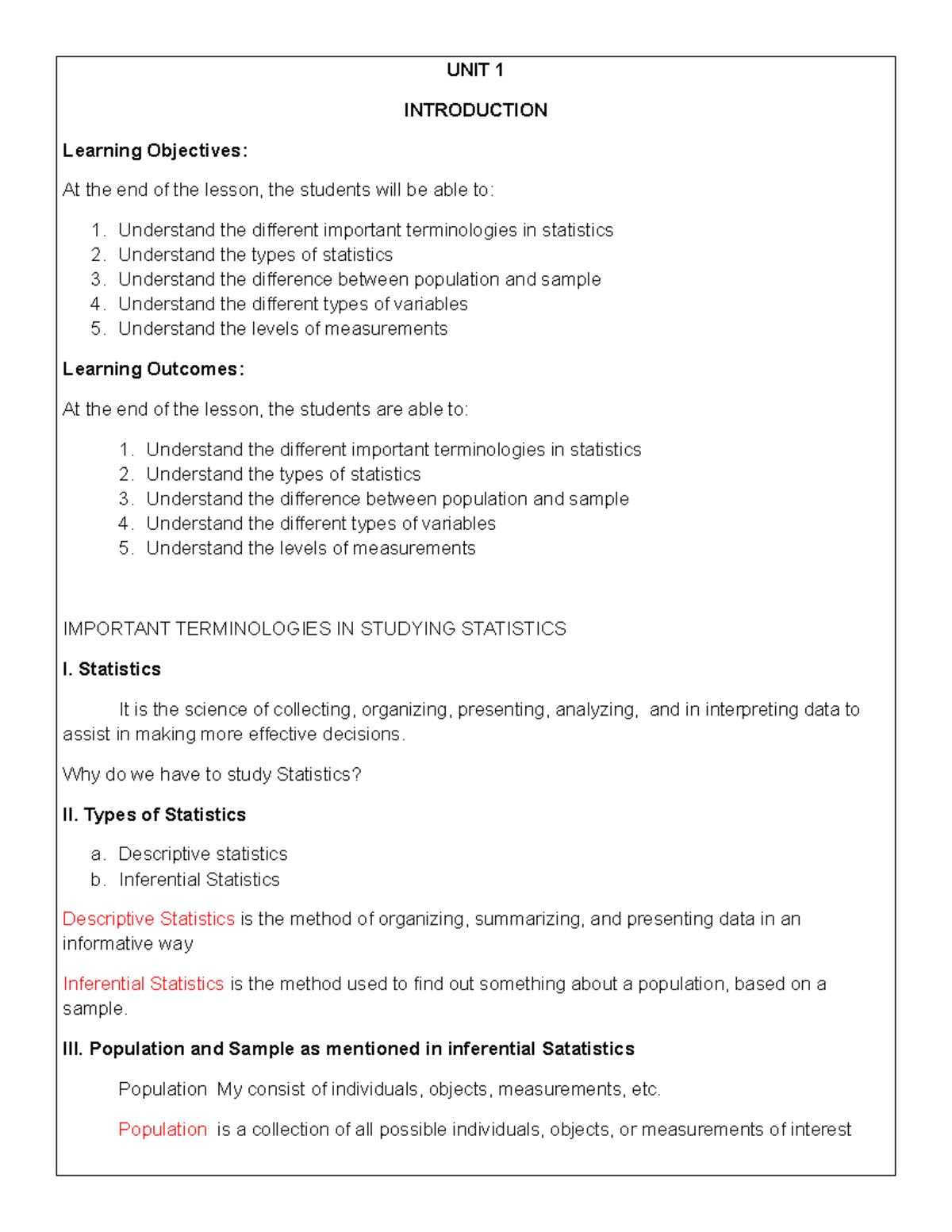UNIT 1 STAT Terminologies - UNIT 1 INTRODUCTION Learning Objectives: At ...