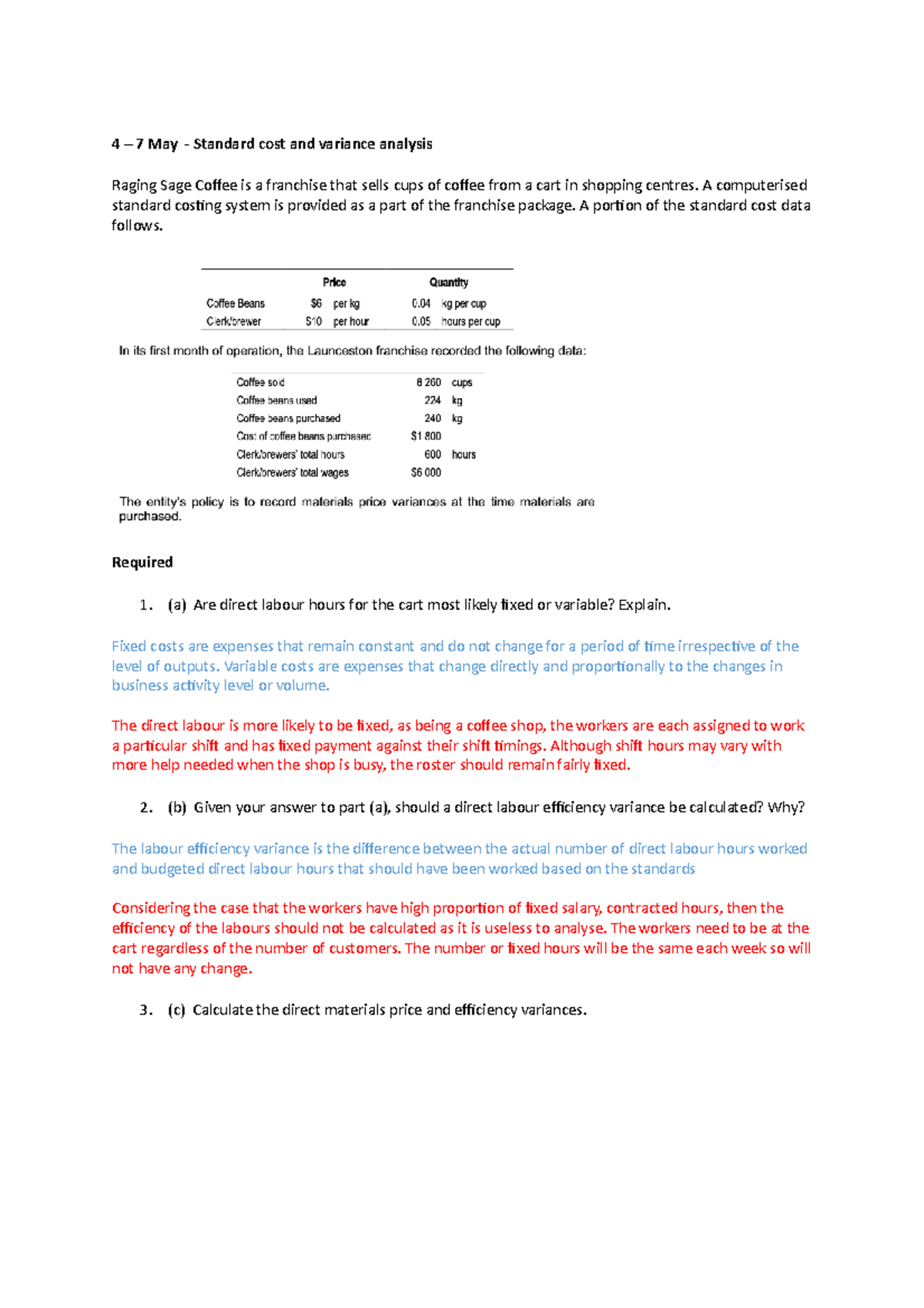 ACCT222 Tutorial notes for exam - 4 – 7 May - Standard cost and ...