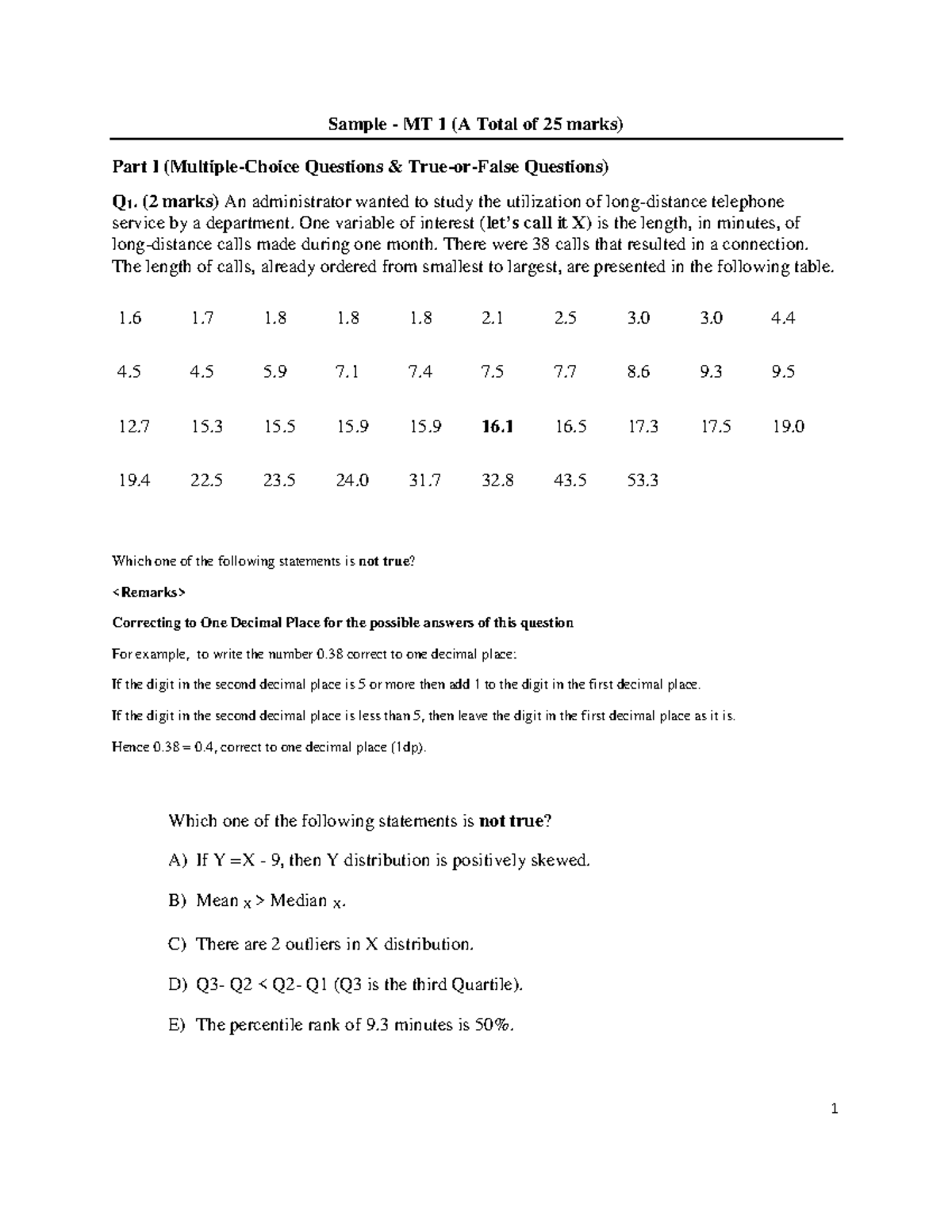 Sample MT 1 - just for revision - Sample - MT 1 (A Total of 25 marks ...