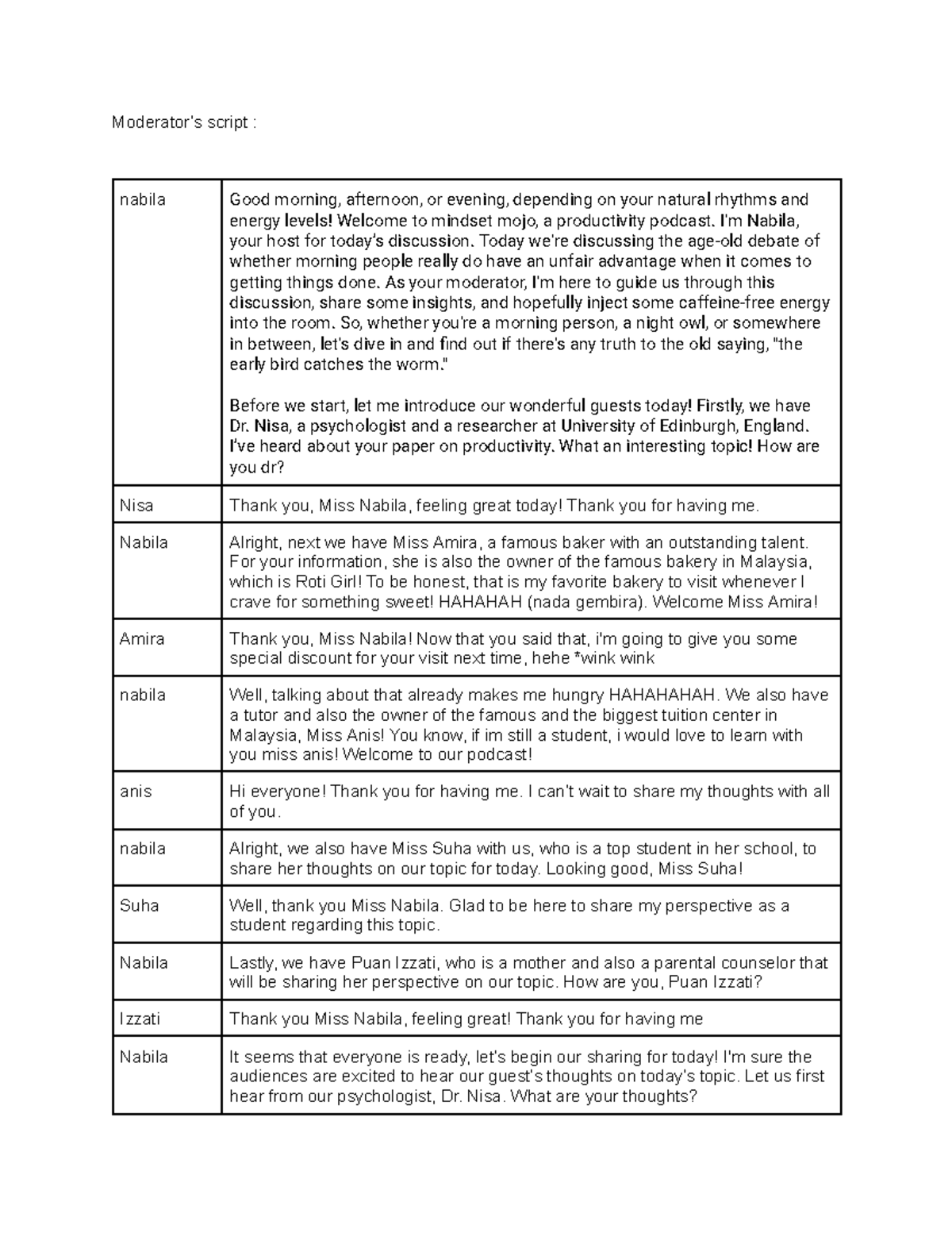 Mock forumz - MOCK FORUM - Moderator’s script : nabila Good morning ...