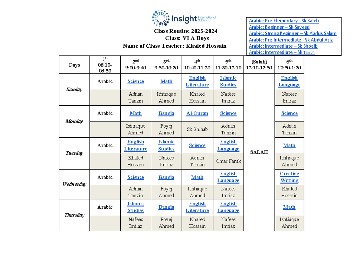 science learners book cambrigde 7 - Class Routine 2023- 2024 Class: VI ...