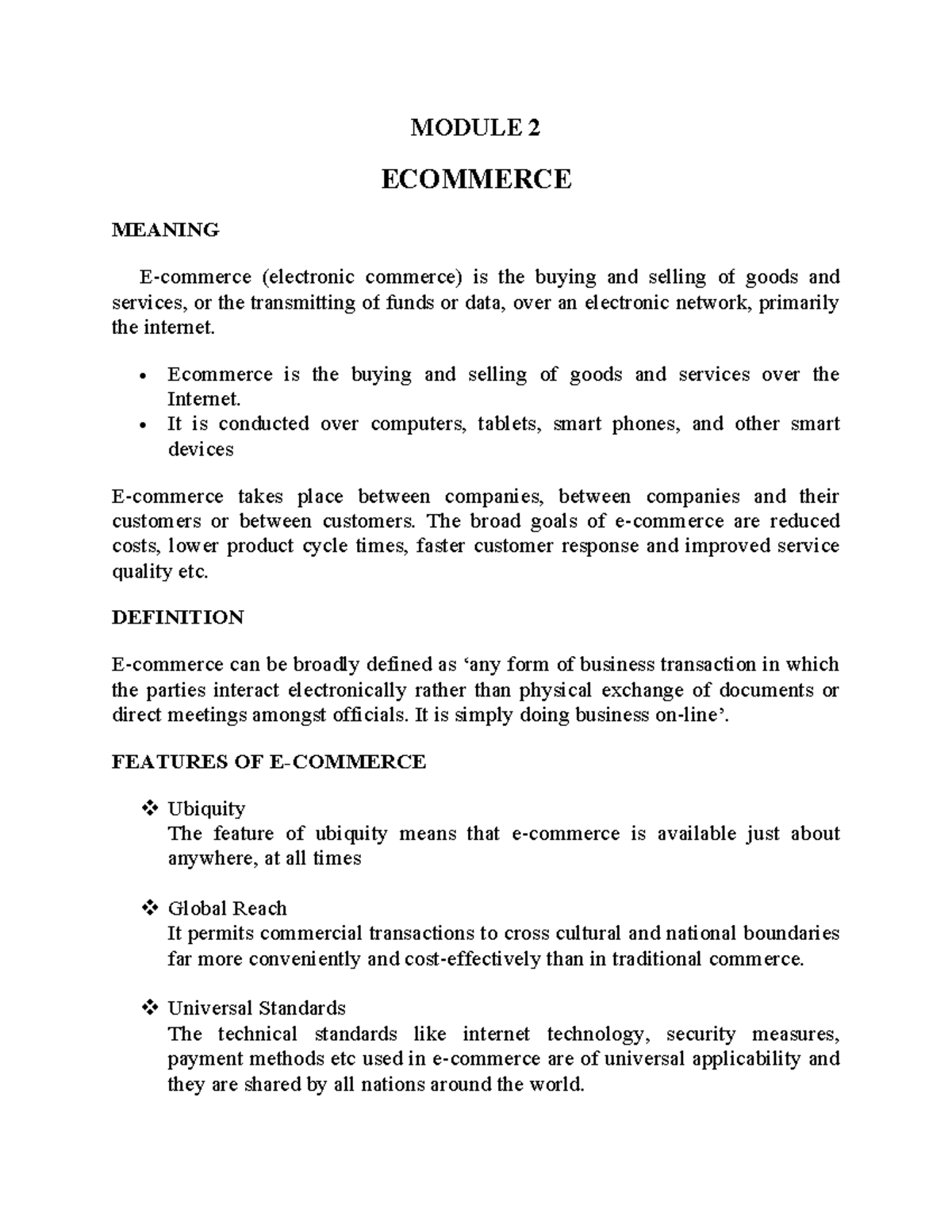 2 - notes - MODULE 2 ECOMMERCE MEANING E-commerce (electronic commerce ...