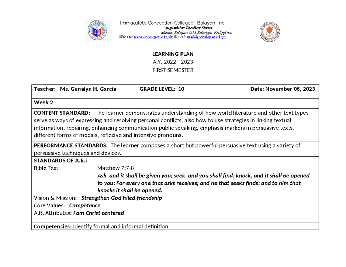 3'Is LP-Garcia - sample of 3i's lesson plan - Immaculate Conception ...