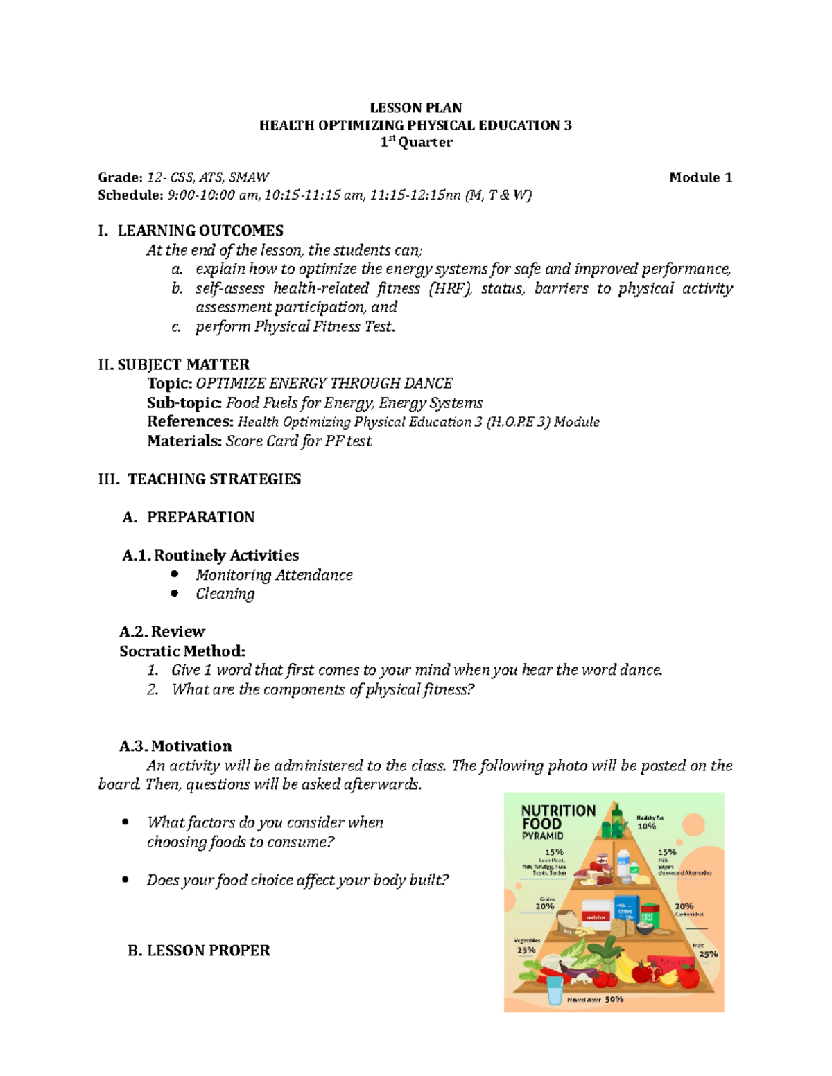 HOPE 3 Lesson PLAN - LESSON PLAN HEALTH OPTIMIZING PHYSICAL EDUCATION 3 ...