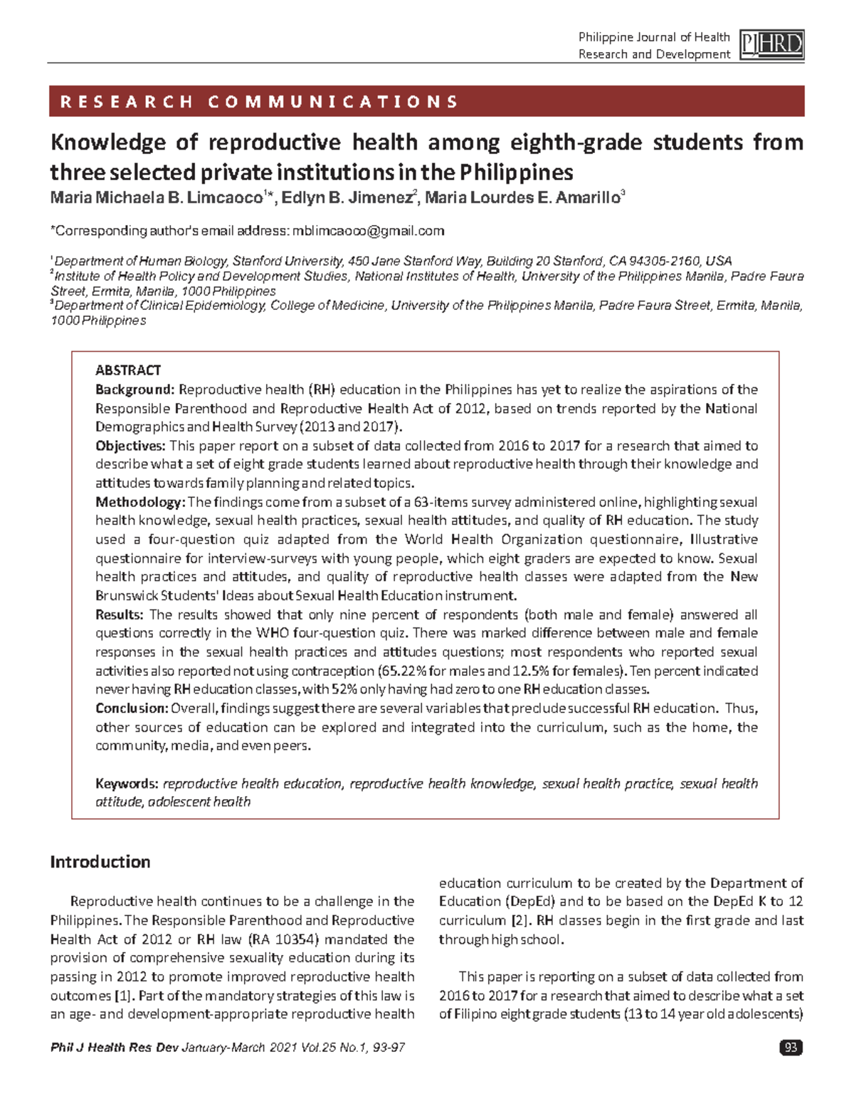 Knowledge of reproductive health - Limcaoco 1 *, Edlyn B. Jimenez ...