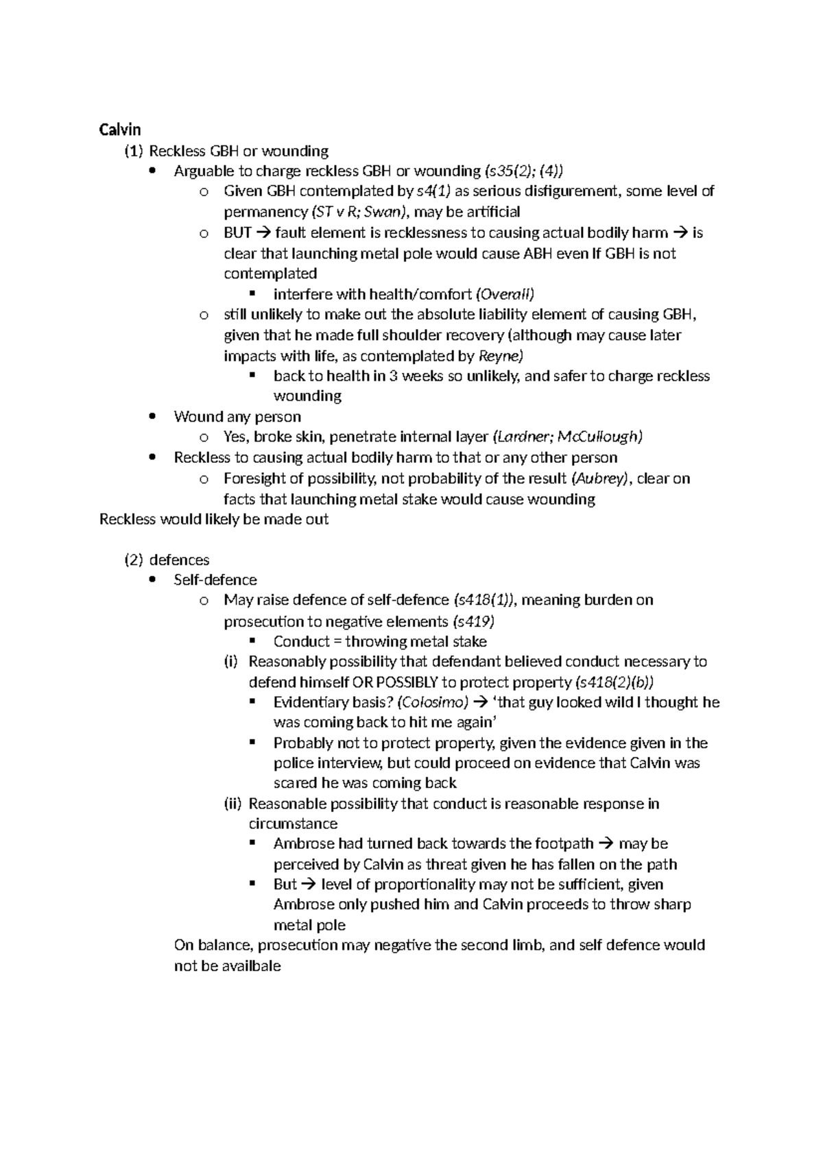 2022 Practice Exam Notes - Calvin (1) Reckless GBH or wounding Arguable ...