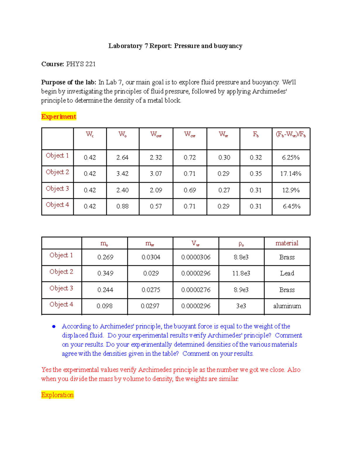 Lab 7 - Laboratory 7 Report: Pressure and buoyancy Course: PHYS 221 Purpose of the lab: In Lab 7 ...