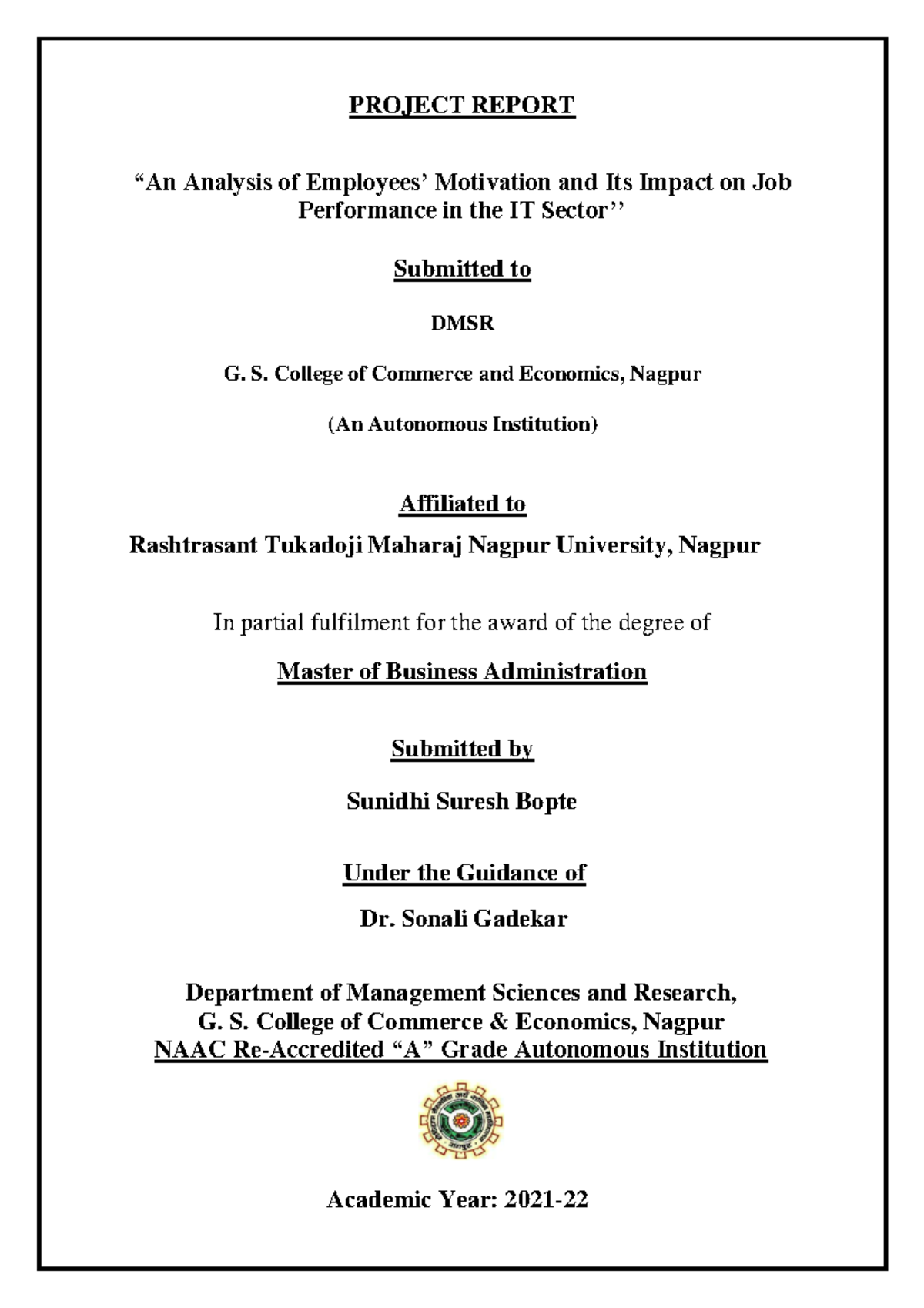 Motivation And Employee Perfomance - PROJECT REPORT “An Analysis of ...