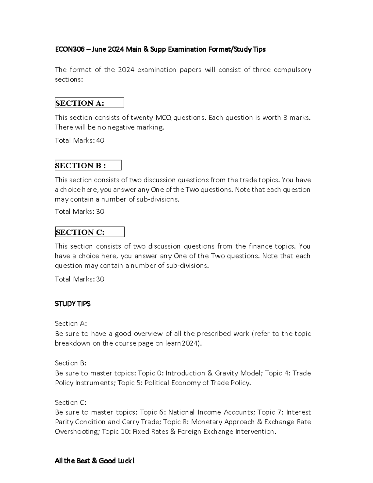 ECON306 Exam format 2024 - ECON306 – June 2024 Main & Supp Examination ...
