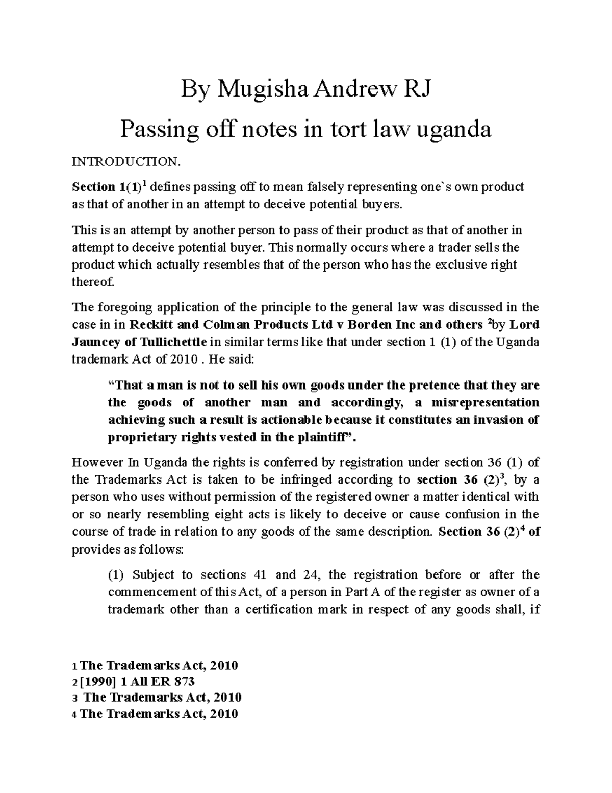 Tort law passing off in Uganda - By Mugisha Andrew RJ Passing off notes ...