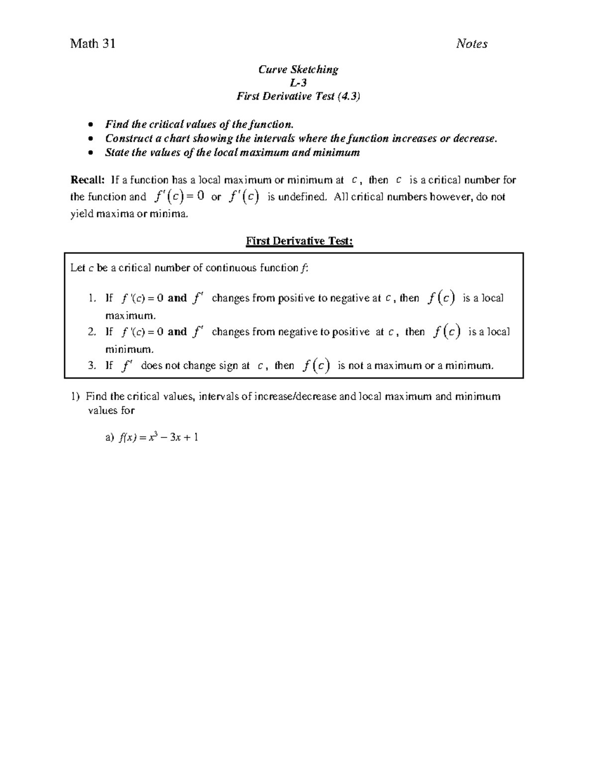 3 First Derivative Test Math 31 Notes Curve Sketching L First 3-first-derivative-test-math-31-notes-curve-sketching-l-first