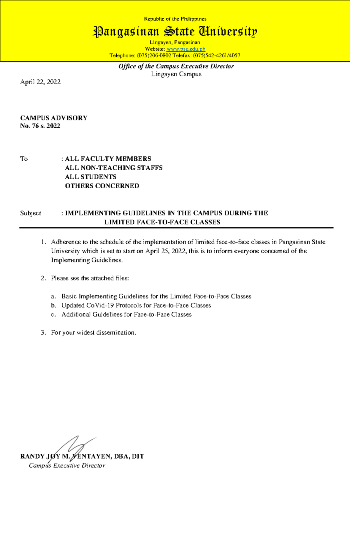 Memo 76 implementing guidelines for f2f - Office of the Campus ...