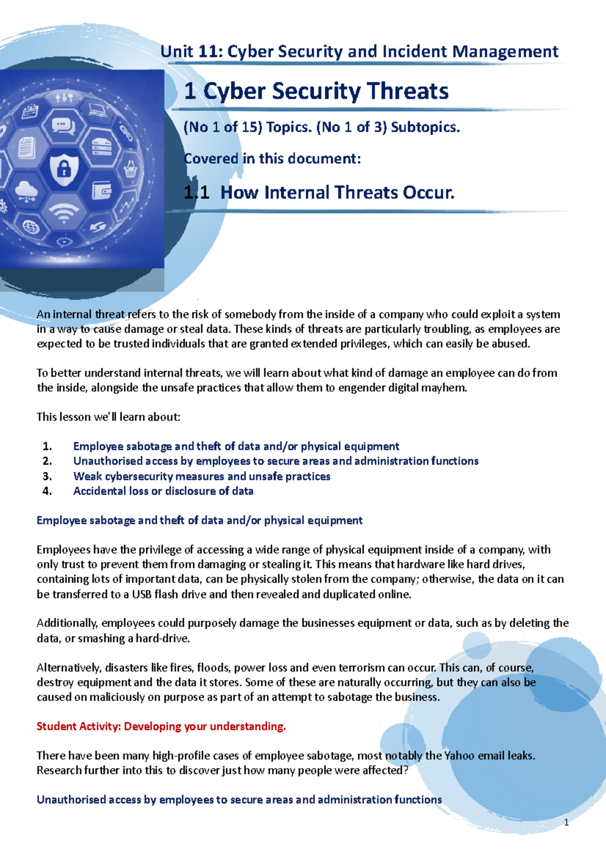 1.1 How Internal Threats Occur - Unit 11: Cyber Security and Incident Management 1 Cyber ...
