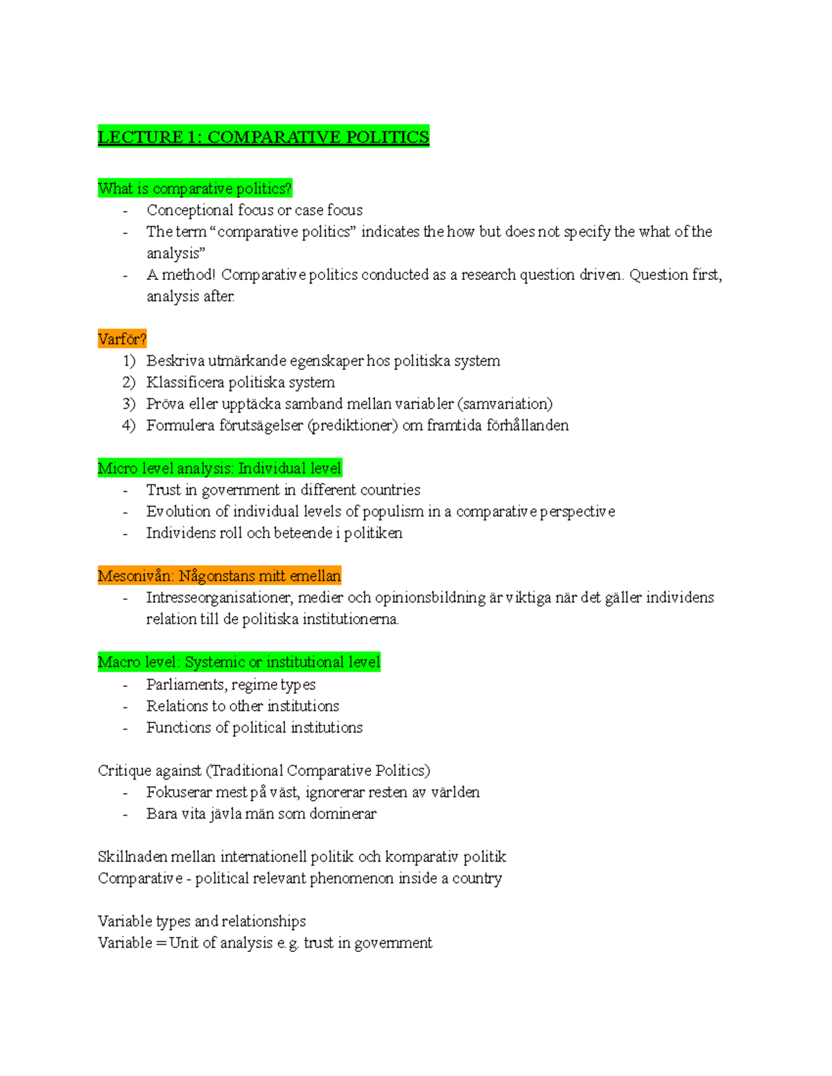 Delkurs 2 Politiska system - LECTURE 1: COMPARATIVE POLITICS What is ...
