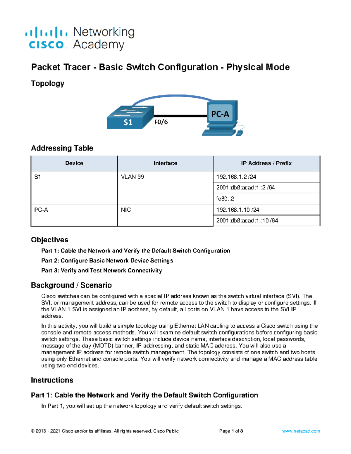 Configure a cisco switch - Topology Addressing Table Device Interface ...