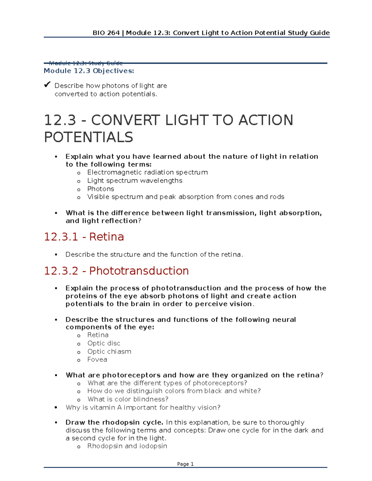 12.3 study guide - BIO 264 | Module 12: Convert Light to Action ...
