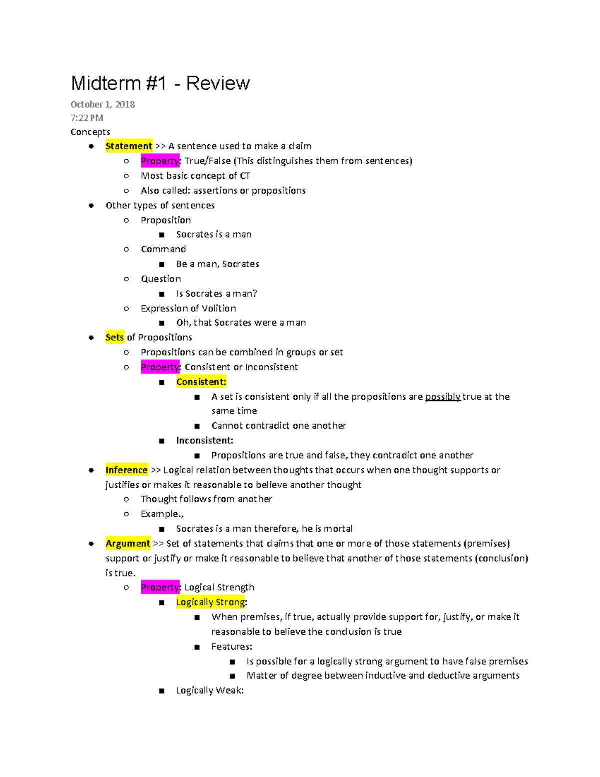 Phi 1101 Midterm 1 Review Midterm 1 Review October 1 2018 7 22