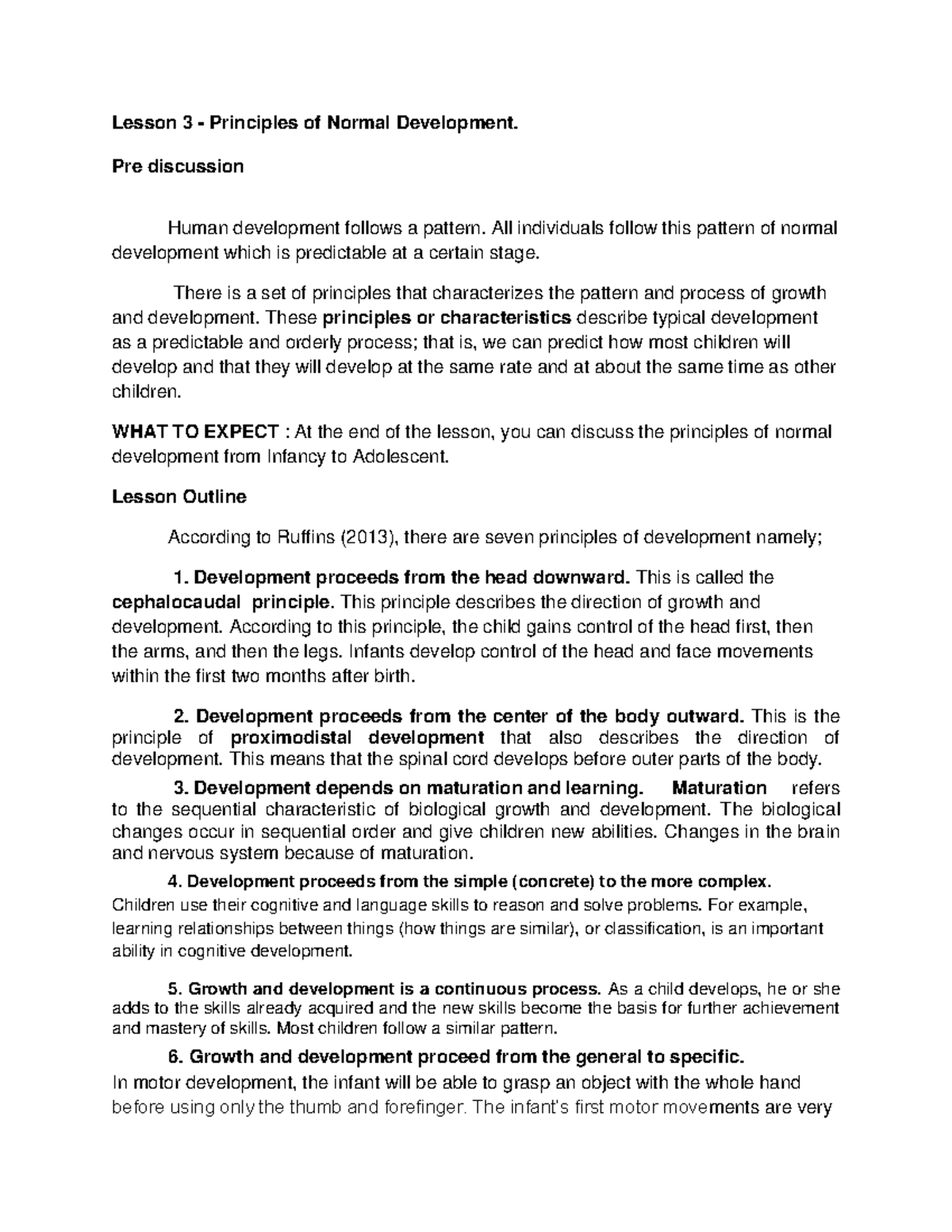 Module Lesson 3 TO 6 - Lesson 3 - Principles of Normal Development. Pre ...