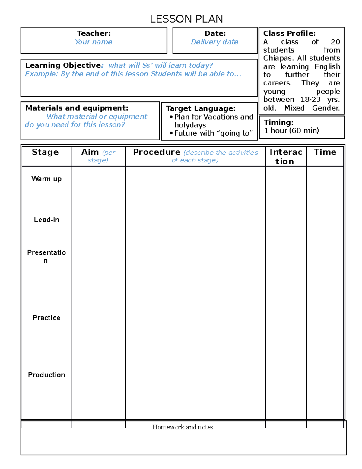 Lesson PLAN Format - LESSON PLAN Homework and notes: Target Language ...